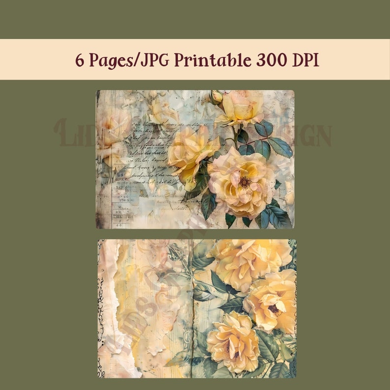 Vintage Yellow Roses Junk Journal Pages - Ephemera Papers Digital ...
