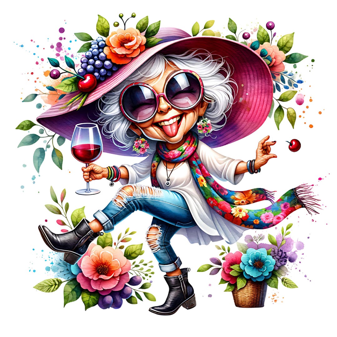 Funny Old Lady Clip Art Bundle - Grandma Cherries and Wine Digital Pngs ...