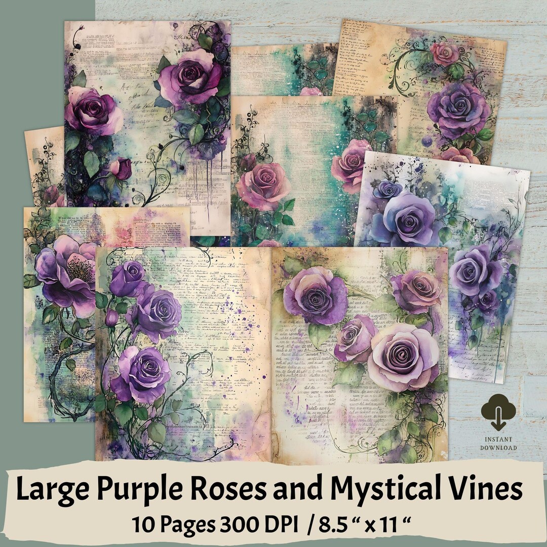 Large Purple Roses Junk Journal Pages | Boho Style Paper With Mystical ...