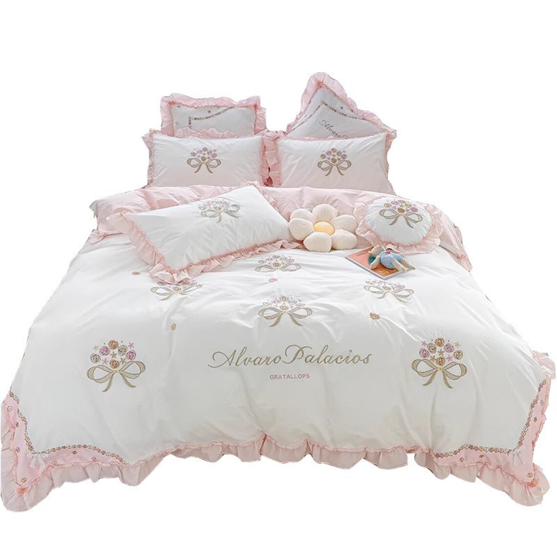 Princess Pink Ruffle Duvet Cover Set – Embroidered Floral Cotton ...
