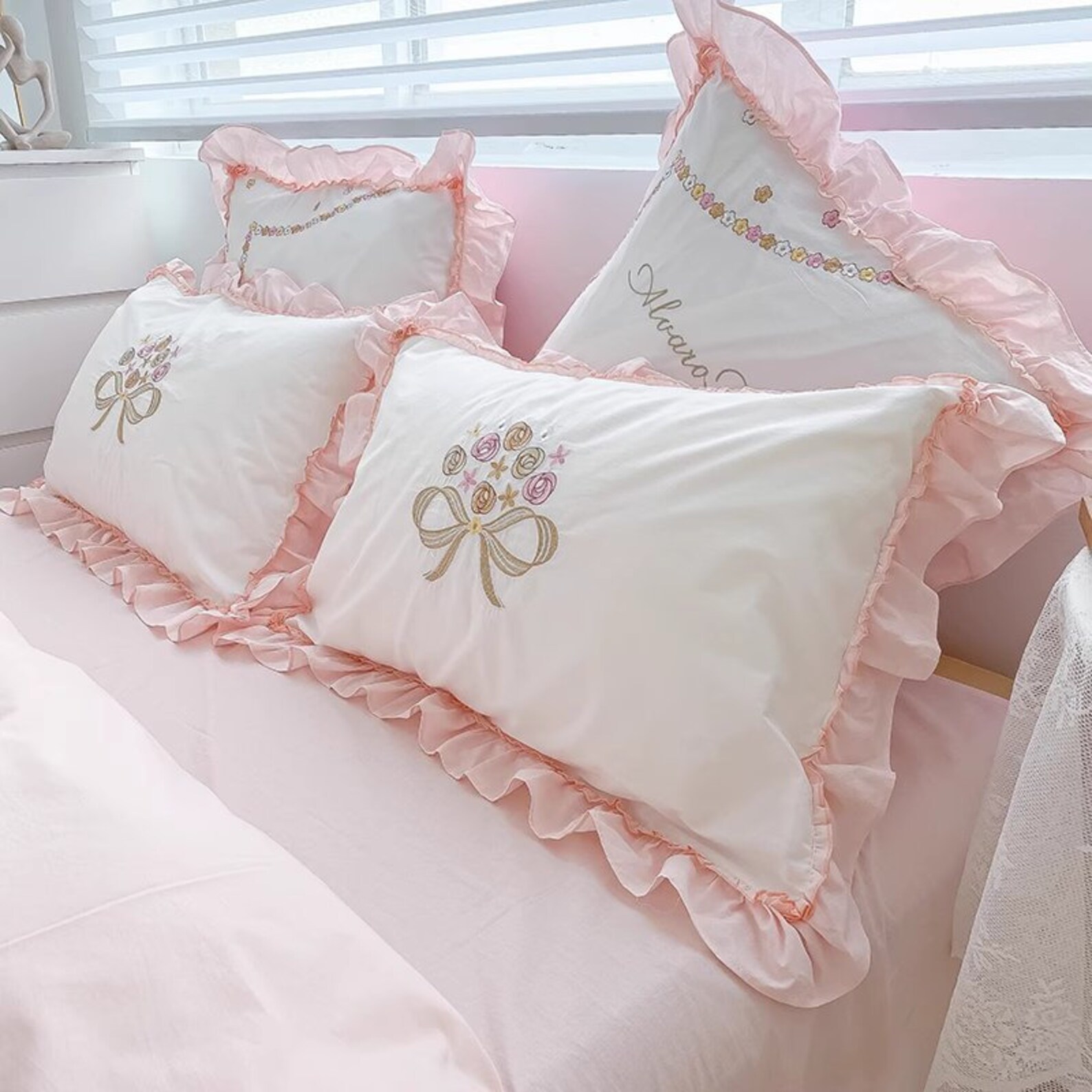 Princess Pink Ruffle Duvet Cover Set – Embroidered Floral Cotton ...