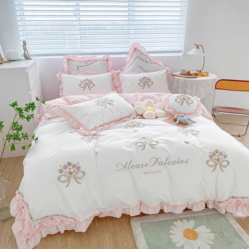 Princess Pink Ruffle Duvet Cover Set – Embroidered Floral Cotton ...