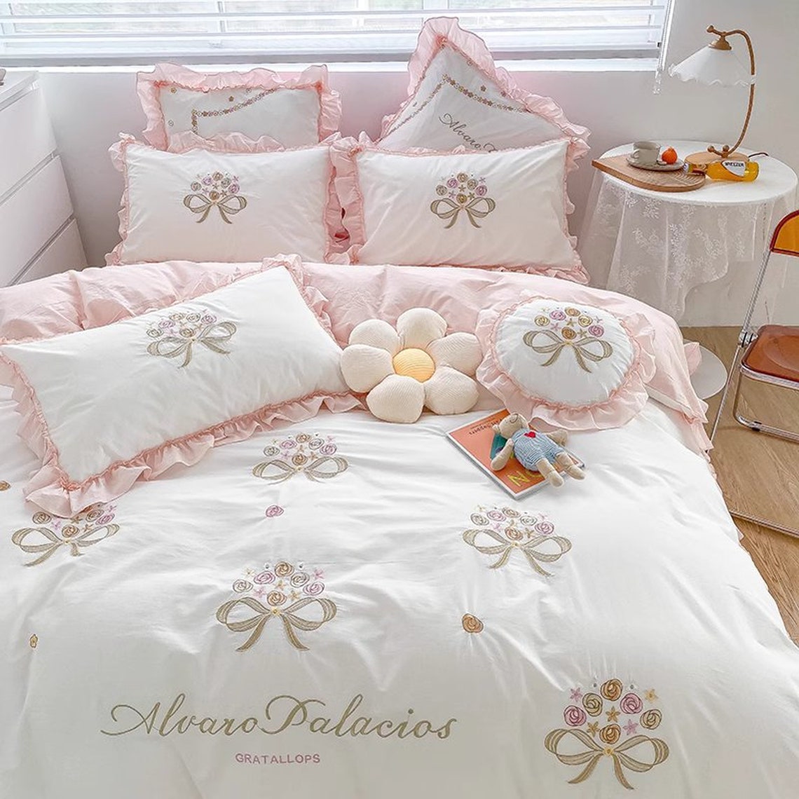 Princess Pink Ruffle Duvet Cover Set – Embroidered Floral Cotton ...