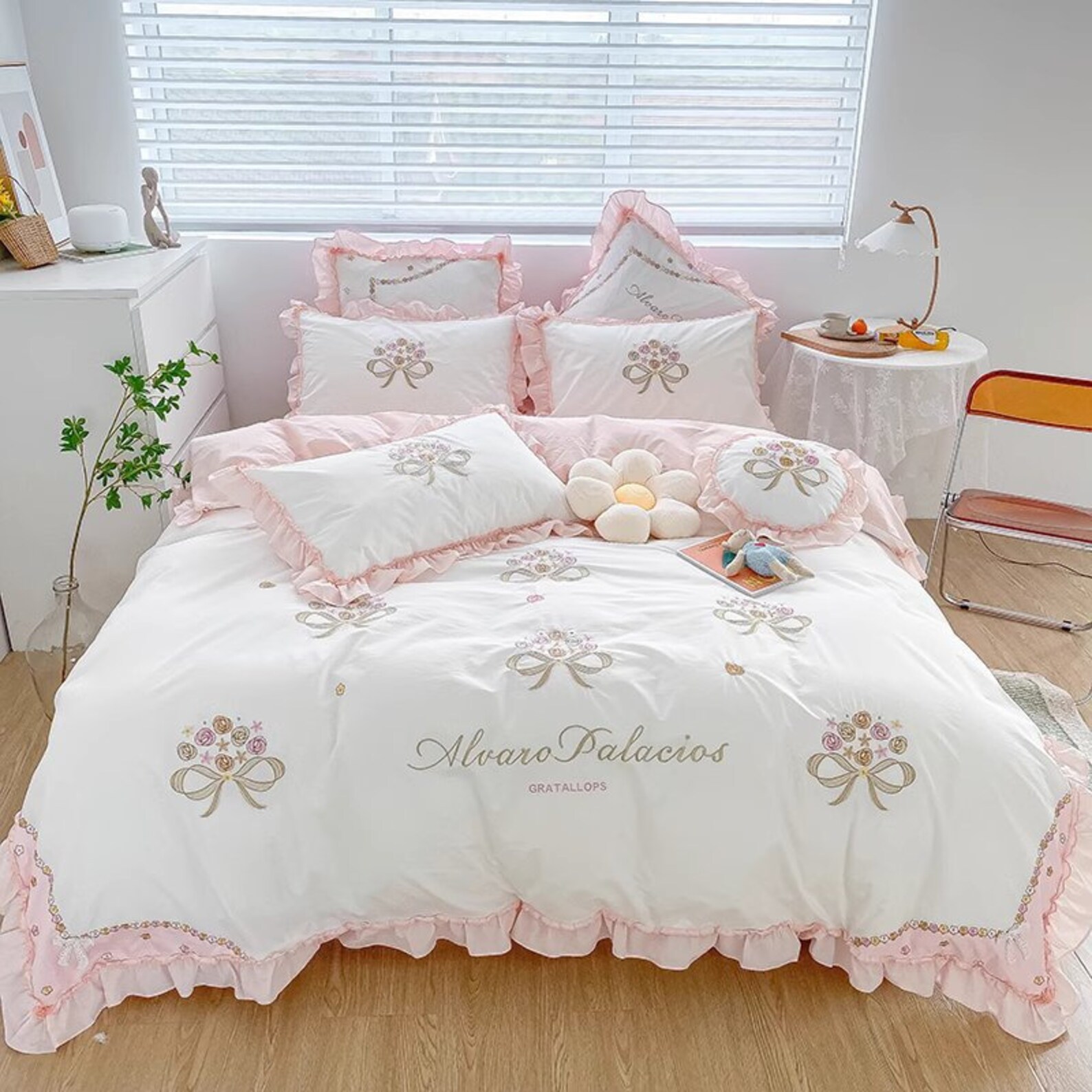 Princess Pink Ruffle Duvet Cover Set – Embroidered Floral Cotton ...