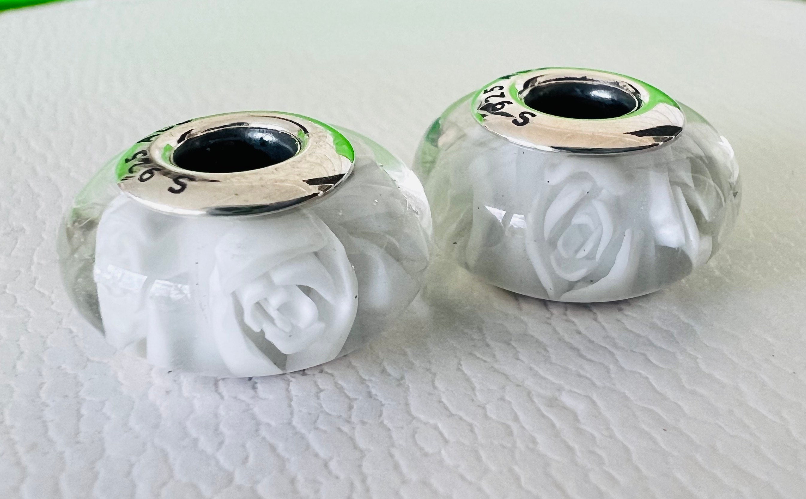 2 Murano White Roses European Glass Charms Beads Fits Moments Bracelets ...