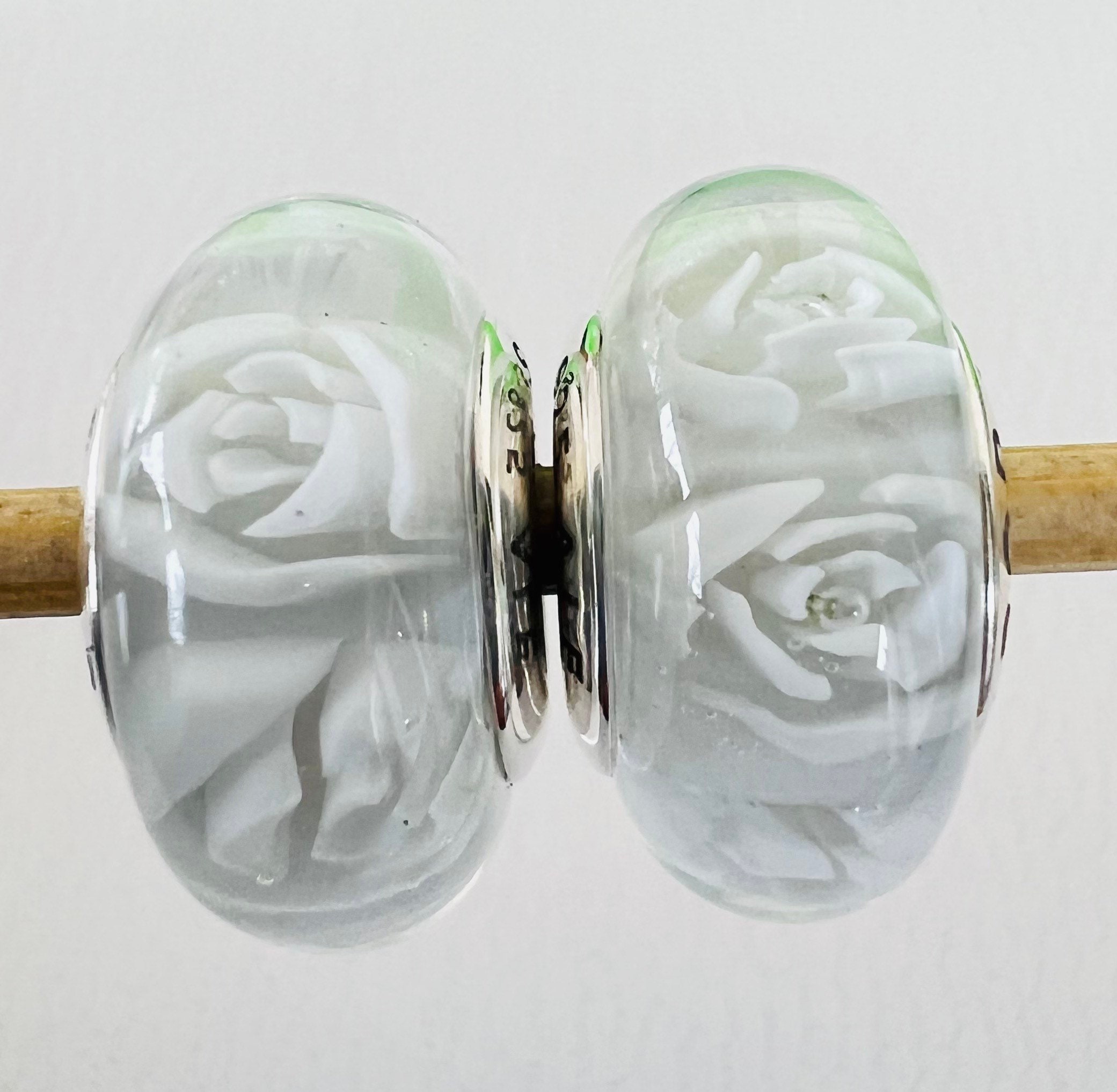 2 Murano White Roses European Glass Charms Beads Fits Moments Bracelets ...