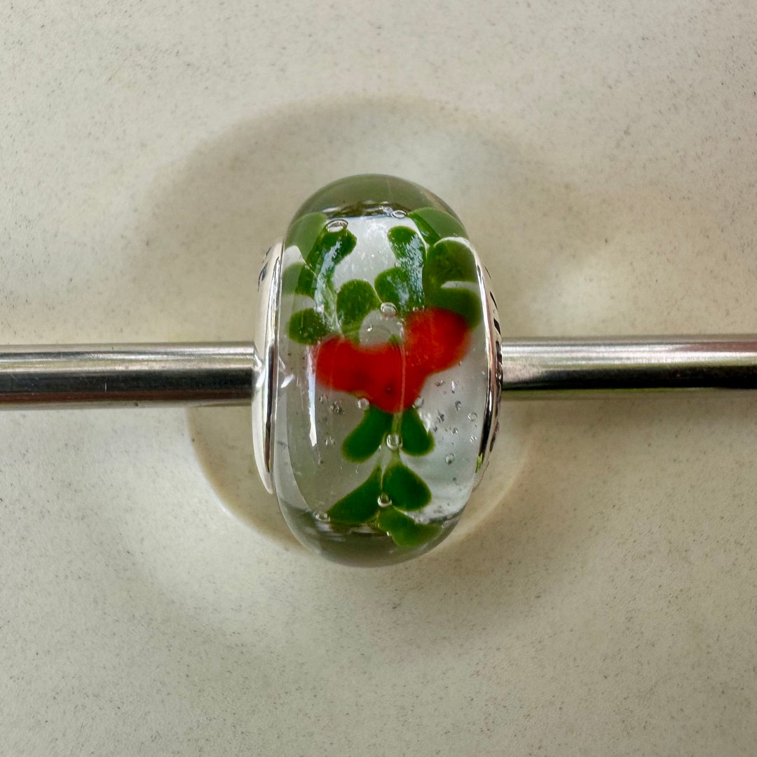 925 Sterling Silver Core Mistletoe Murano Glass Charm Bead , Christmas ...
