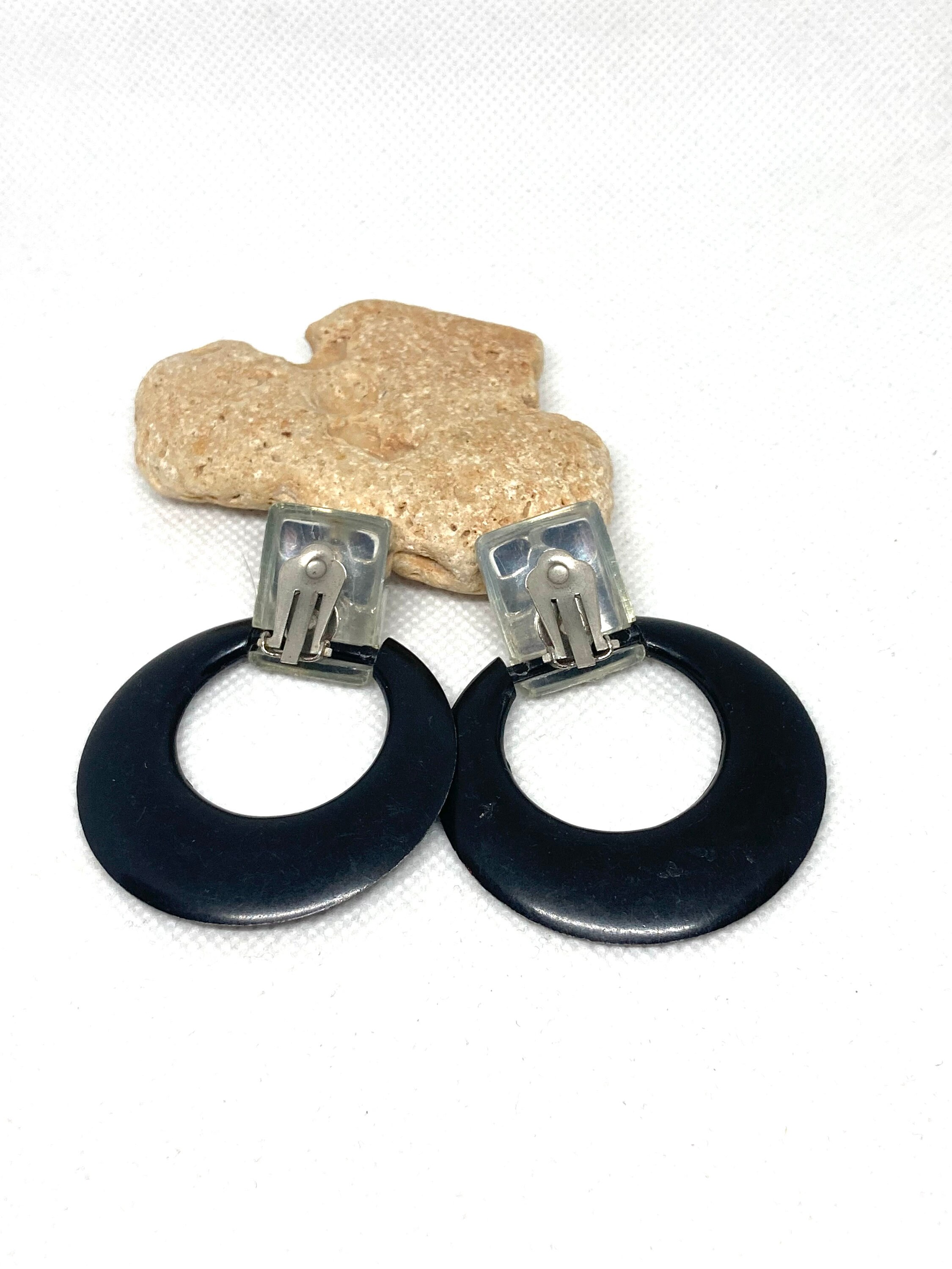 Vintage Black Circle Plastic Clip on Earrings - Etsy