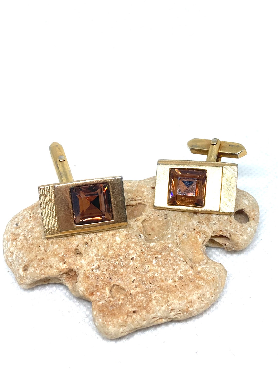 Elegant Vintage Golden Tone Cufflinks - Brown Crystal Rectangle ...
