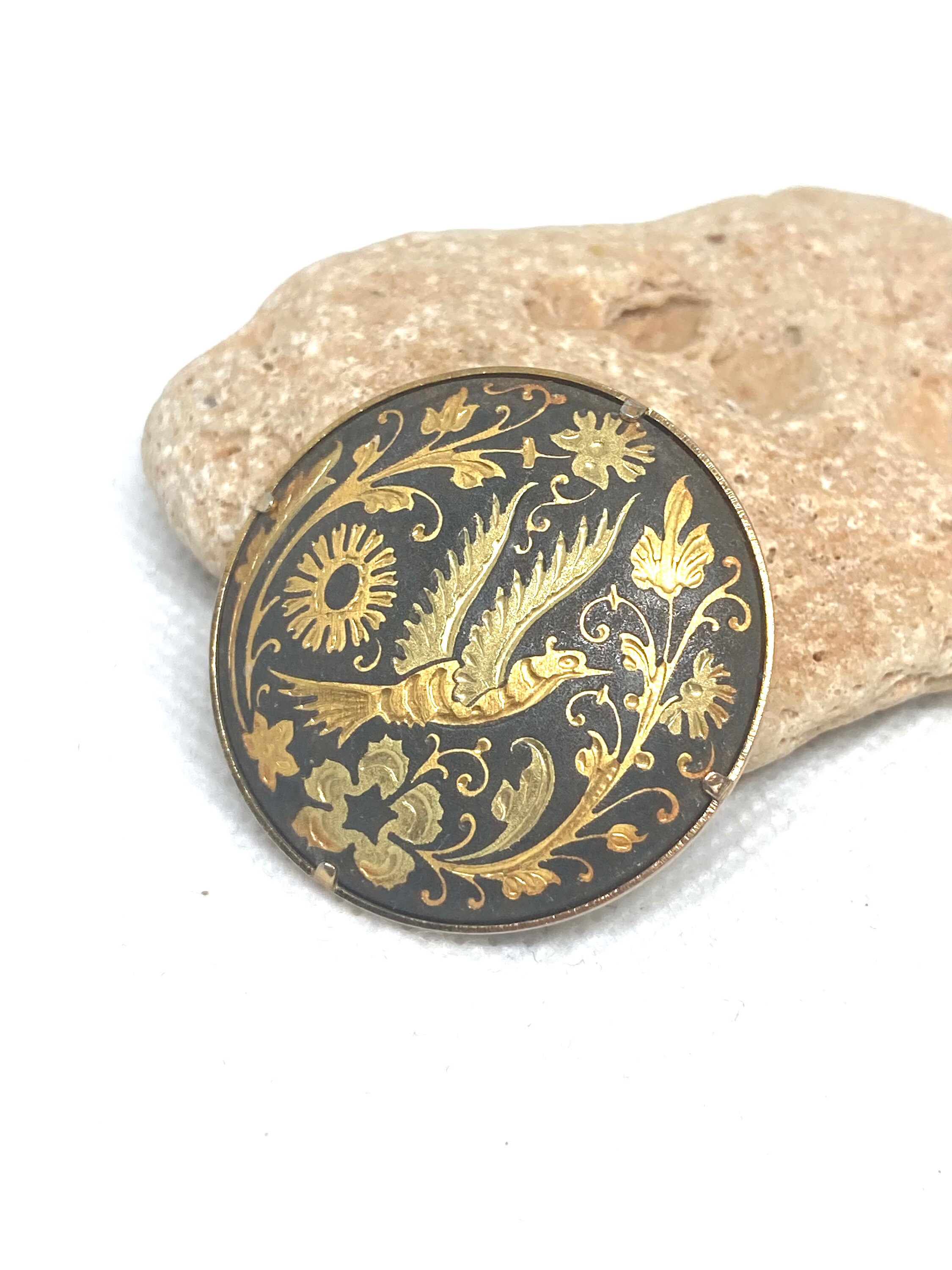 Vintage Damascene Floral and Birdie Brooch - Etsy