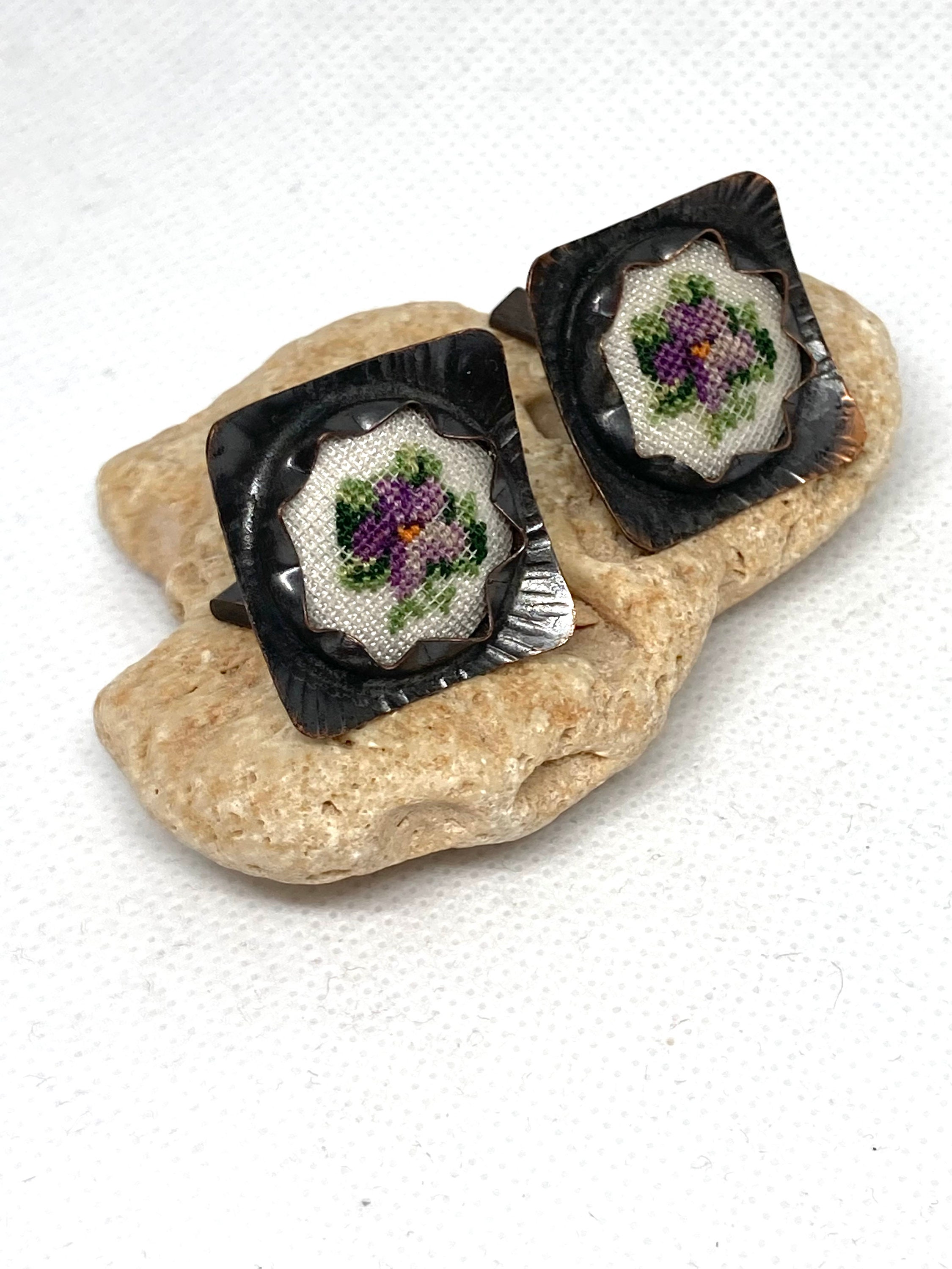 Vintage Petit Point Embroidered Floral Cufflinks - Etsy