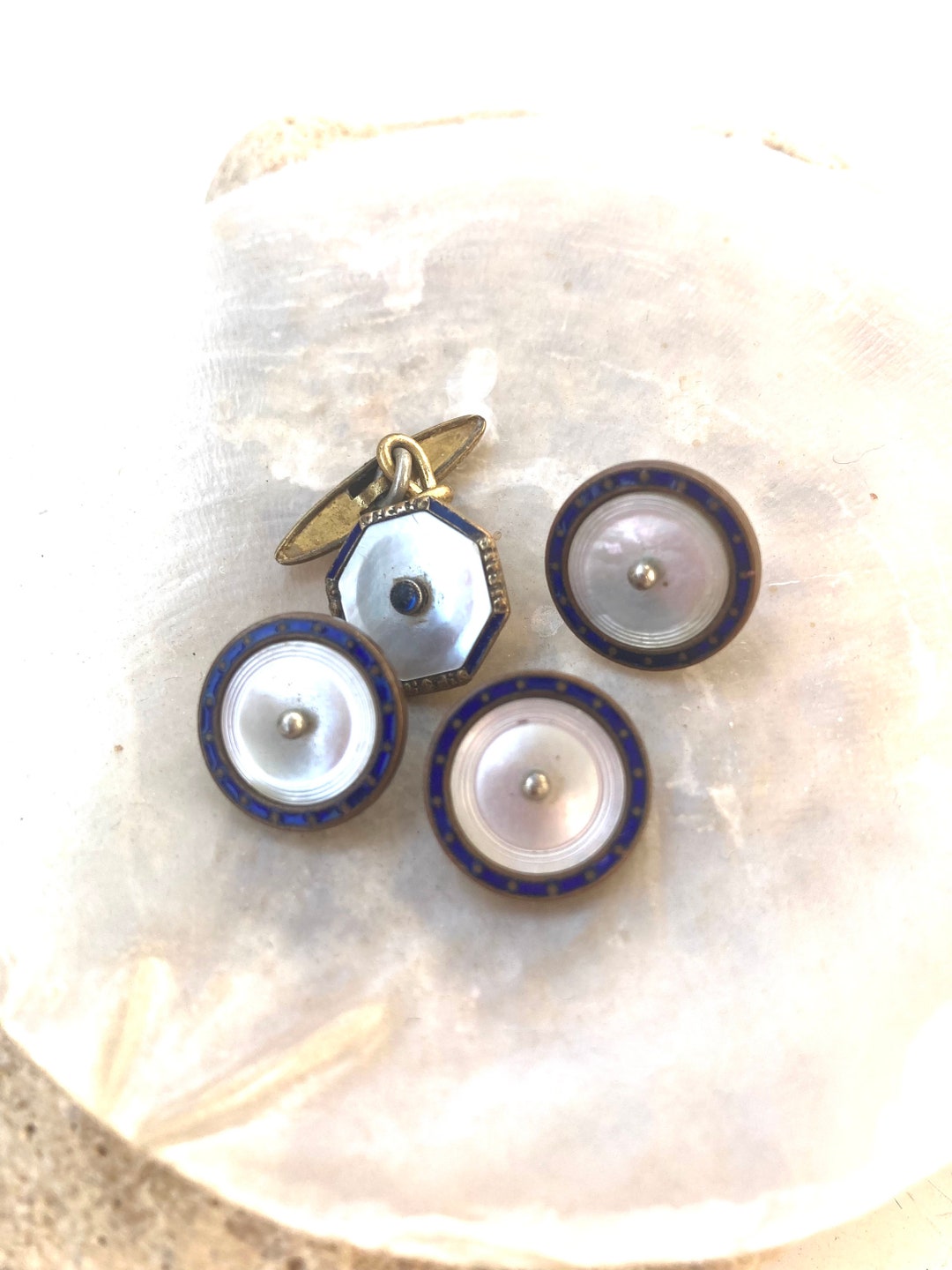 Vintage Brass Blue Enamel Buttons With Mother of Pearl - Etsy