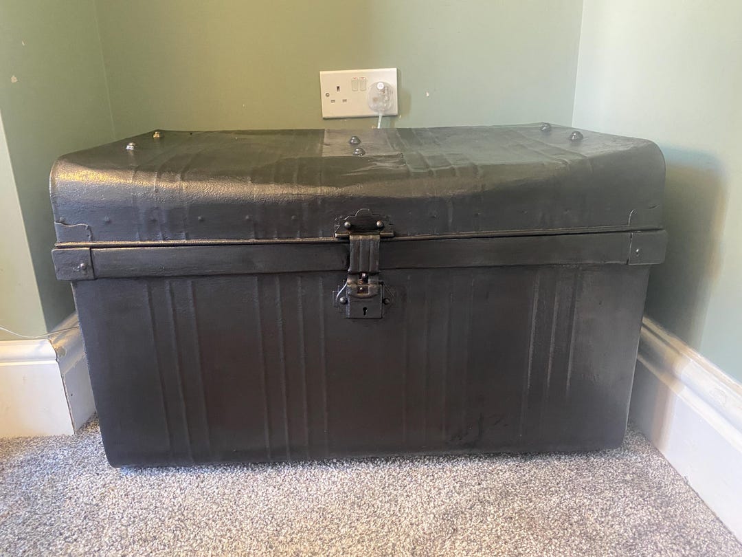 Large Antique Metal Trunk, Steamer Trunk, Vintage Rustic Metal Storage ...