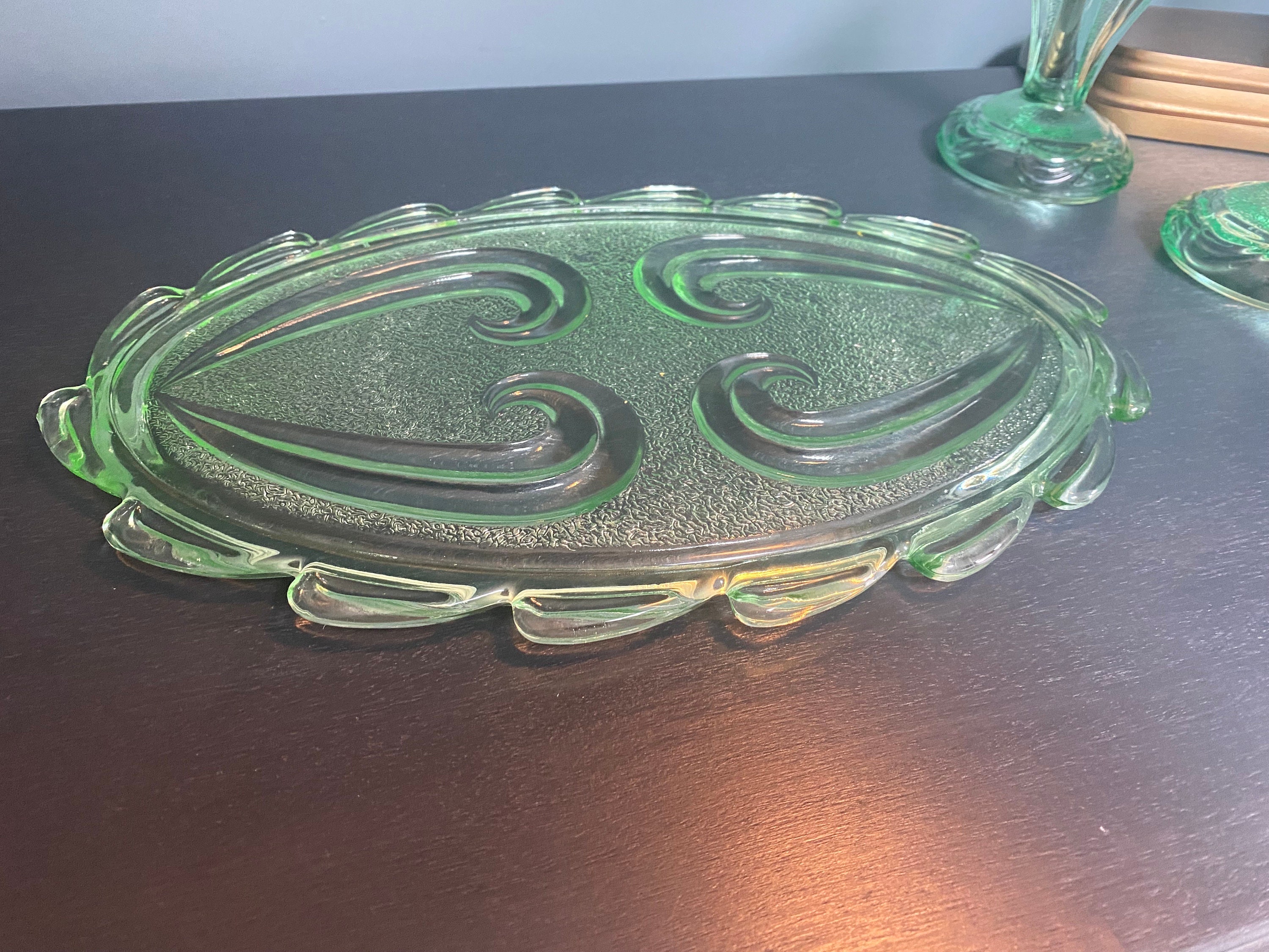 Vintage Bagley Green Glass Vanity Set – Art Deco Rutland Pattern #3078 ...