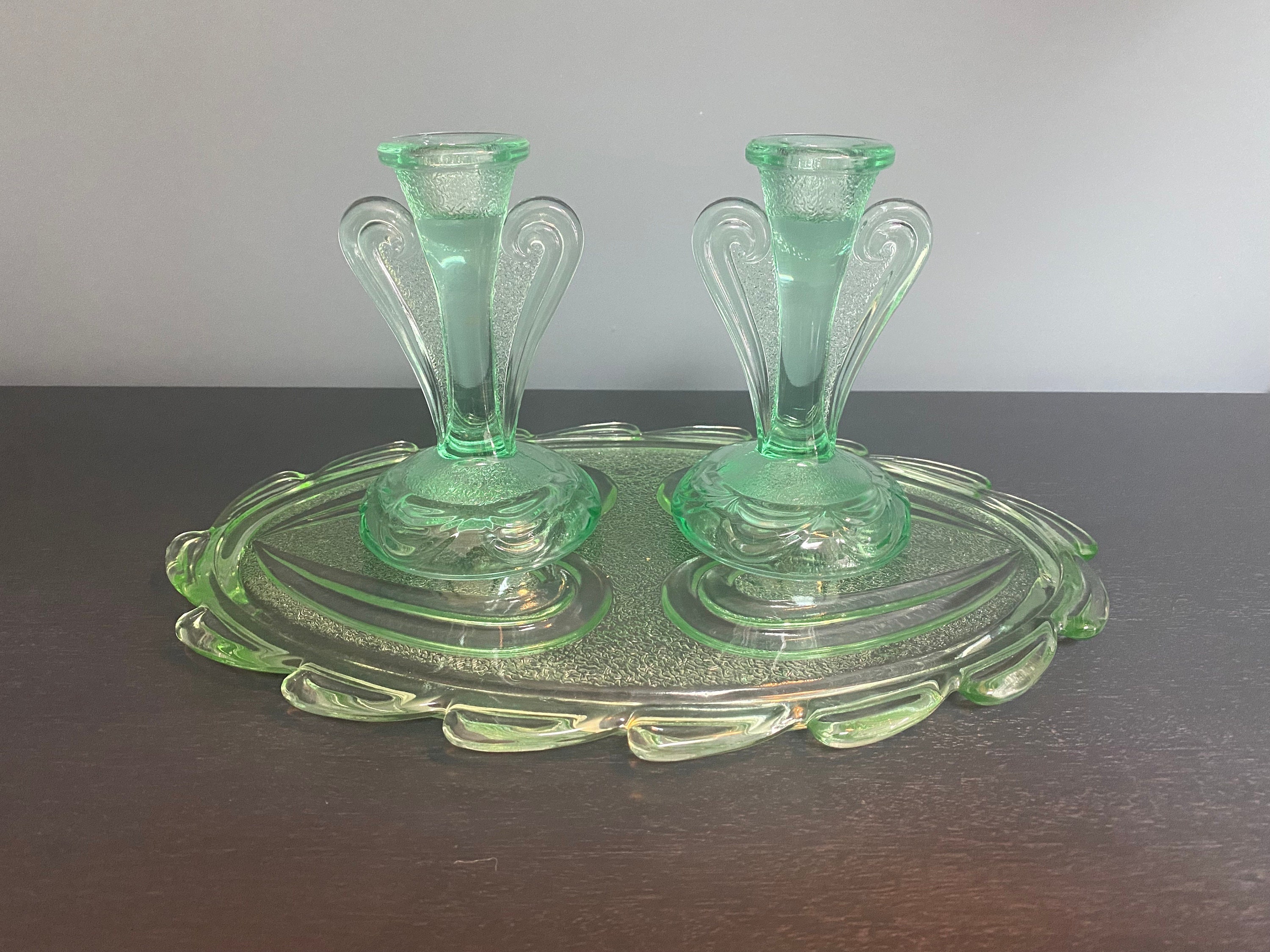 Vintage Green Glass Dressing Table Set Art Deco Glass Vanity Set by ...
