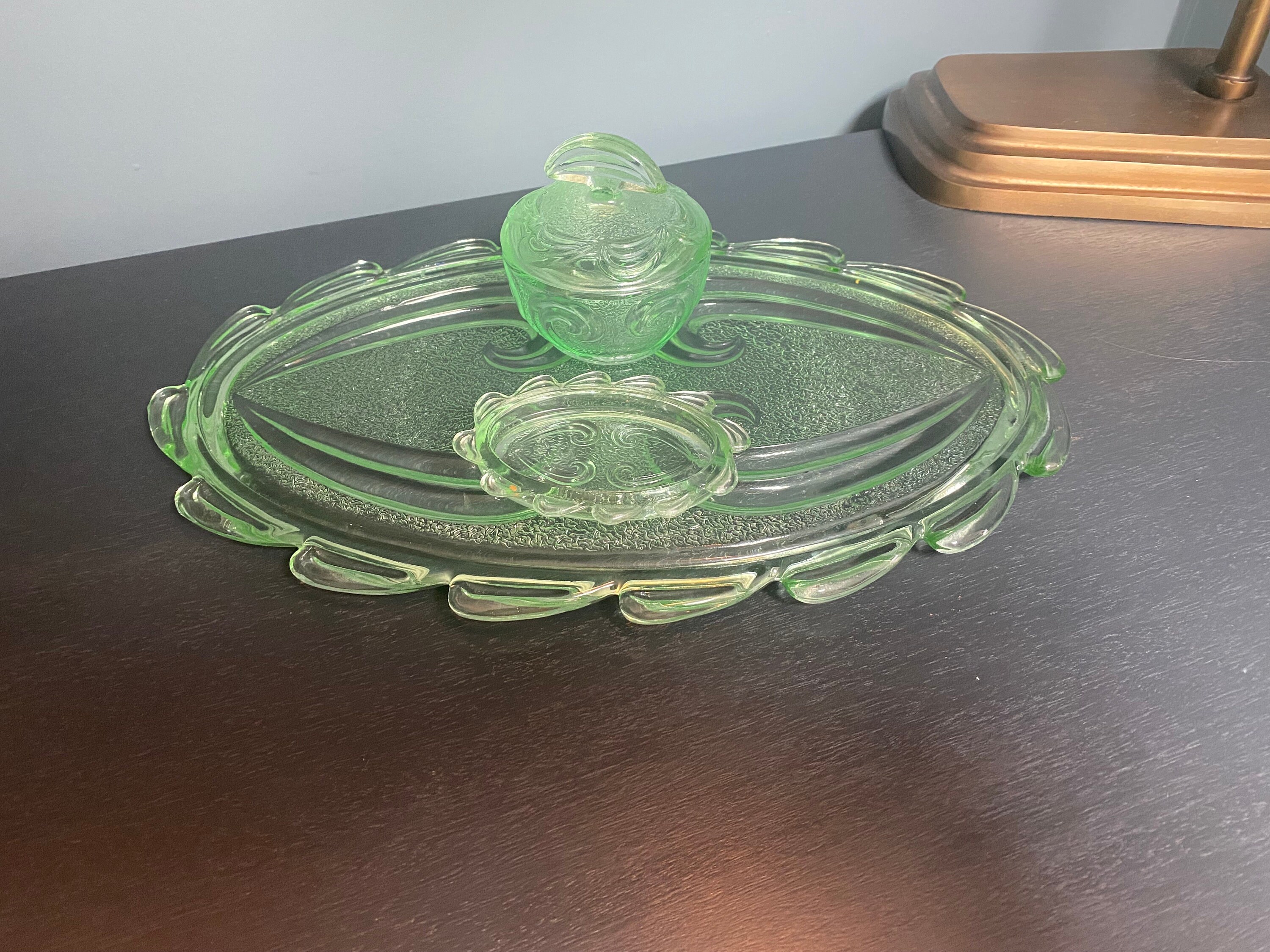 Vintage Green Glass Vanity Set - Art Deco Rutland Pattern, 1930s - Etsy