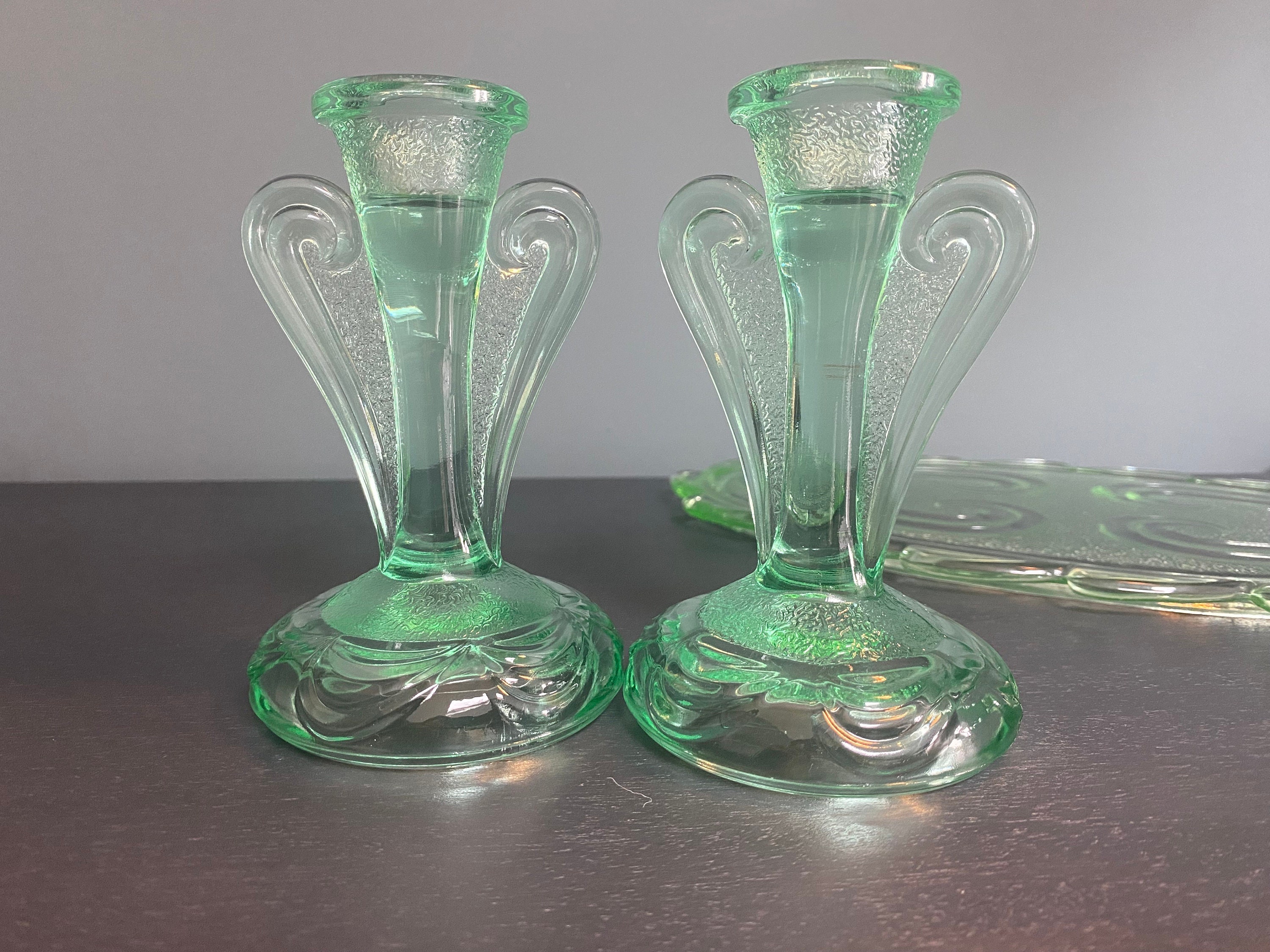 Vintage Bagley Green Glass Vanity Set – Art Deco Rutland Pattern #3078 ...