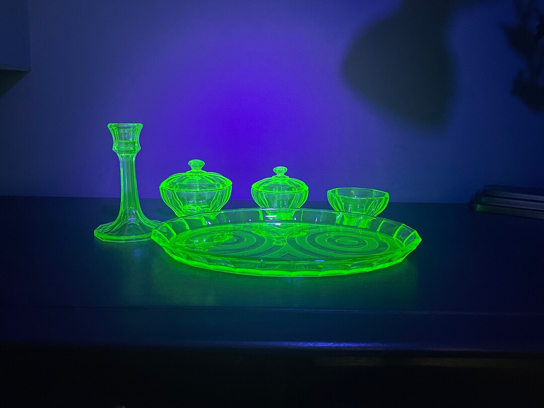 Vintage Vaseline Glass Vanity Set - Glowing Uranium Glass Dressing ...
