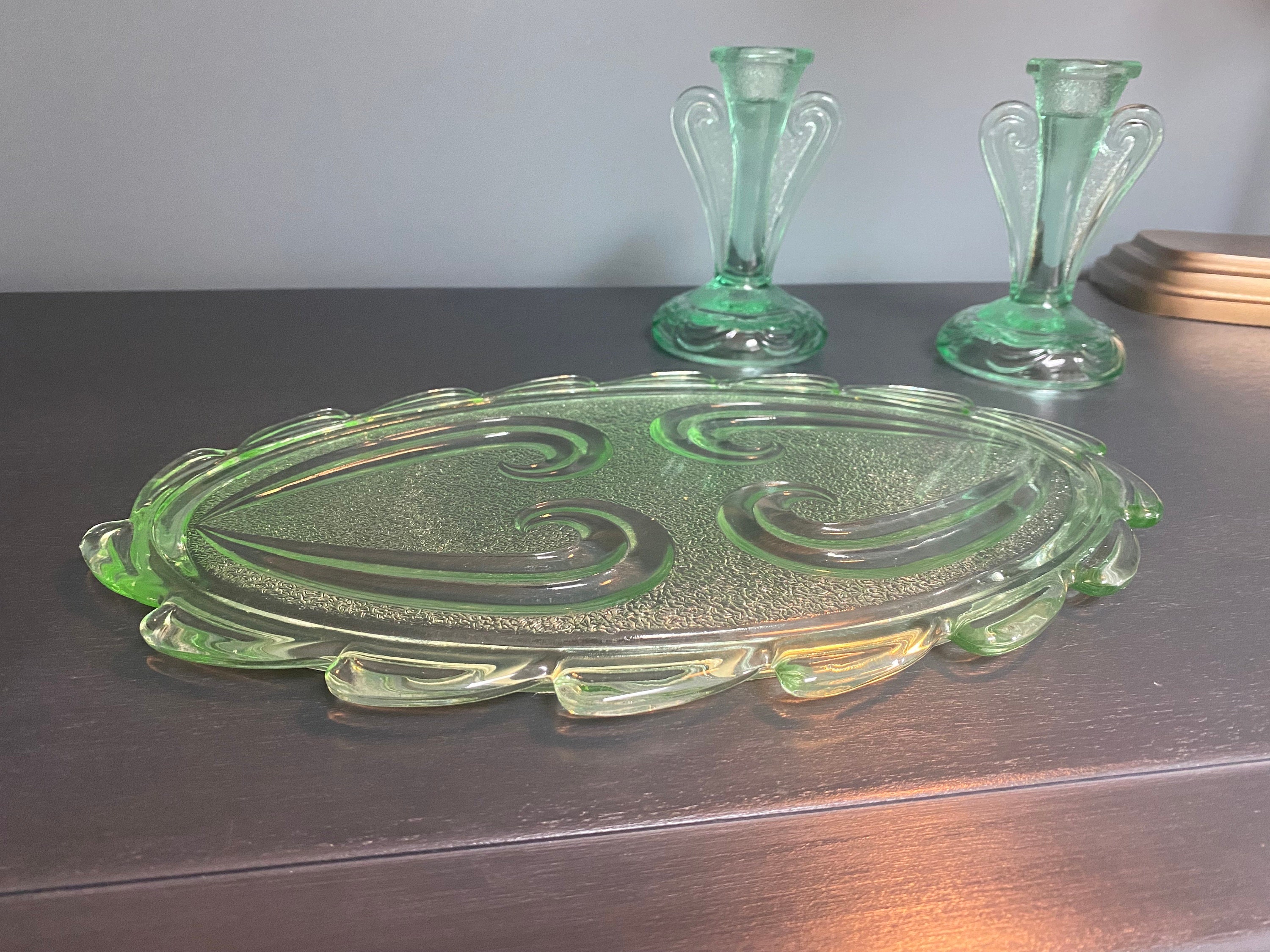 Vintage Green Glass Dressing Table Set Art Deco Glass Vanity Set by ...