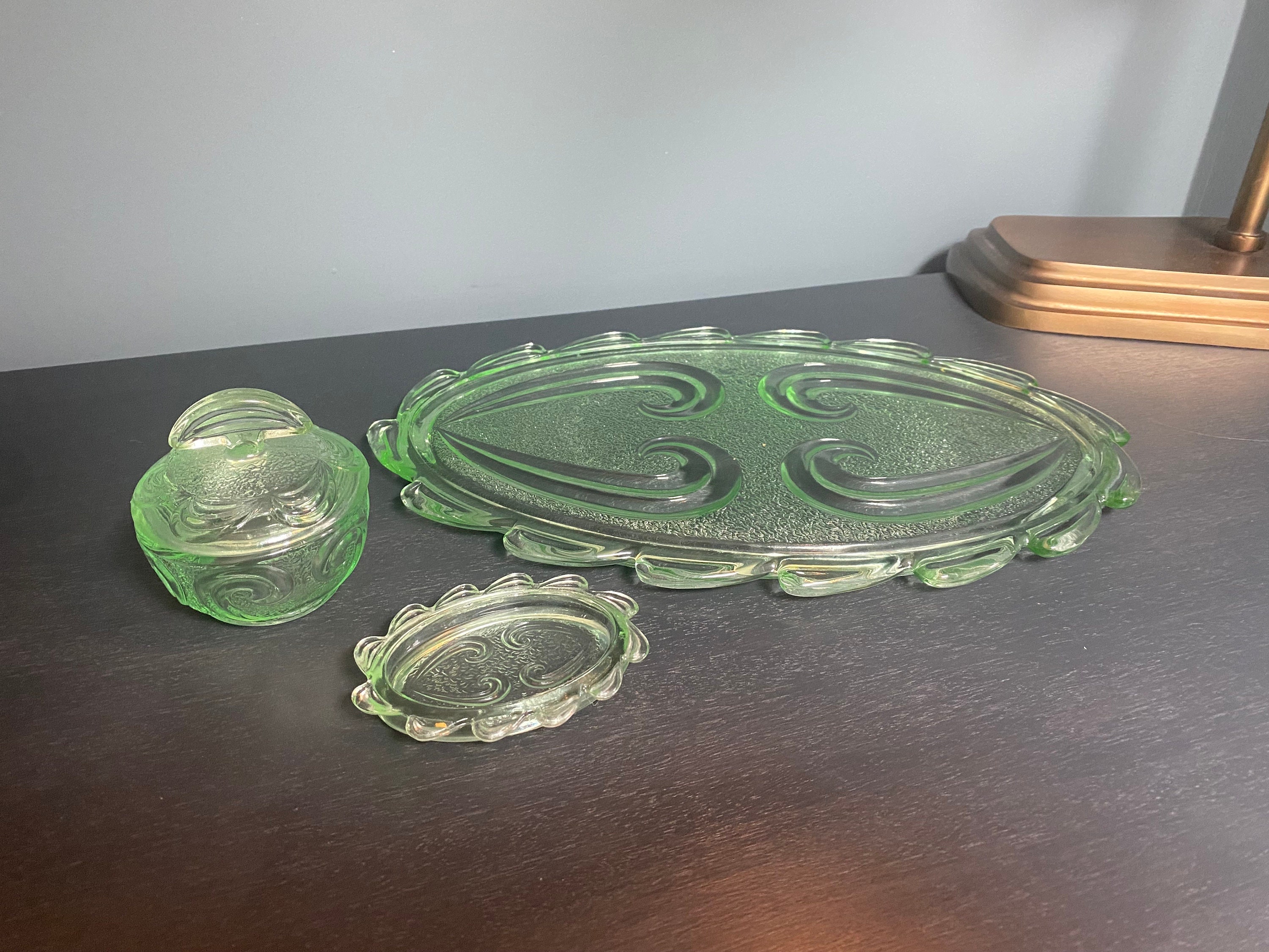 Vintage Green Glass Dressing Table Set Art Deco Glass Vanity Set by ...