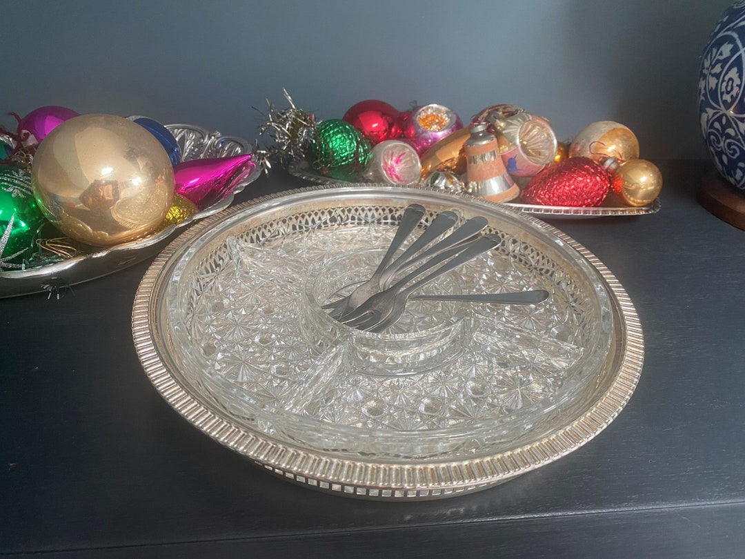 Vintage Cut Glass and Silver Plate Hors D’oeuvres Dish, Sectional Snack ...