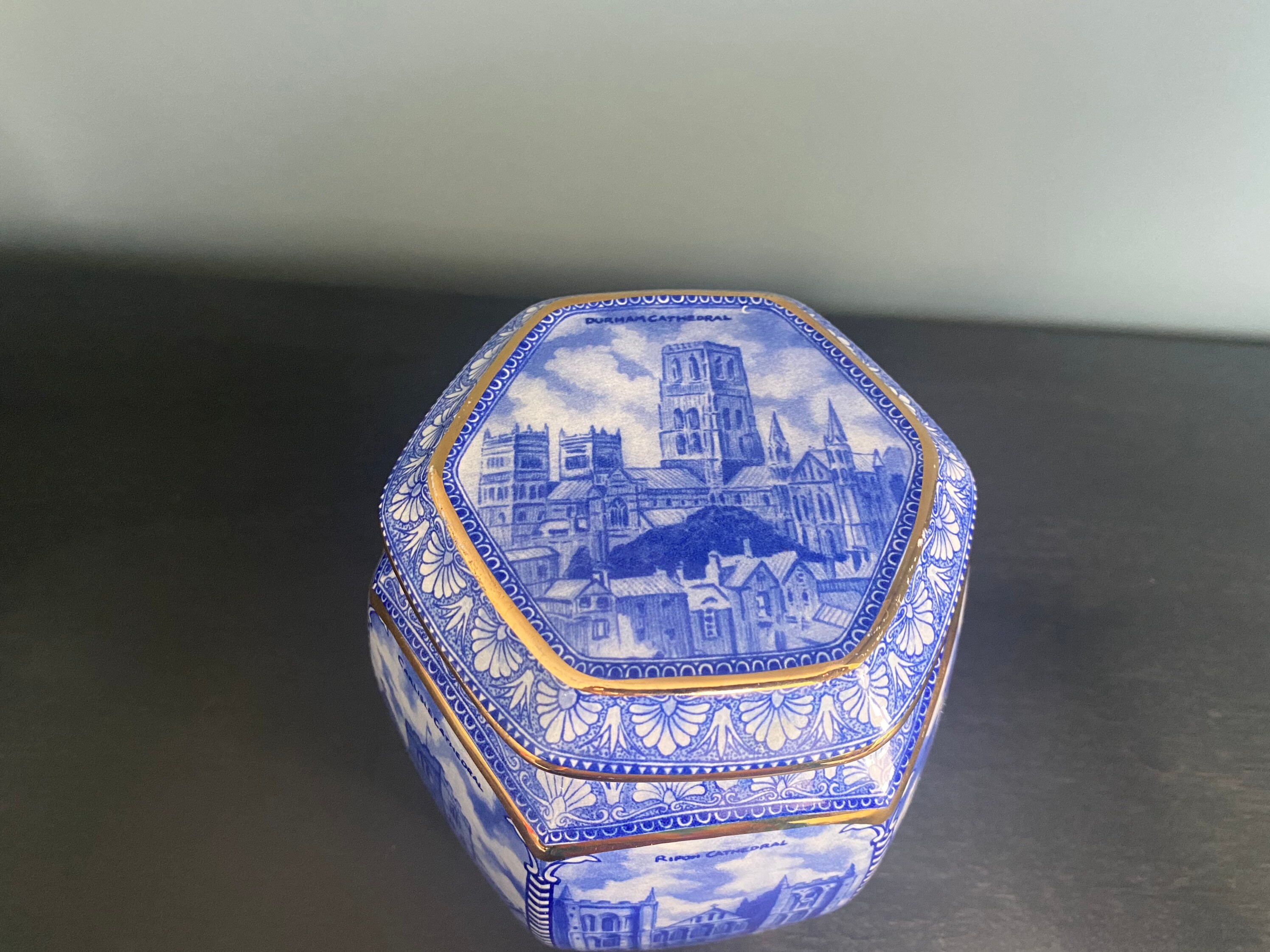 Wade Blue and White Ringtons Hexagonal Tea Caddy Millennium Cathedral ...