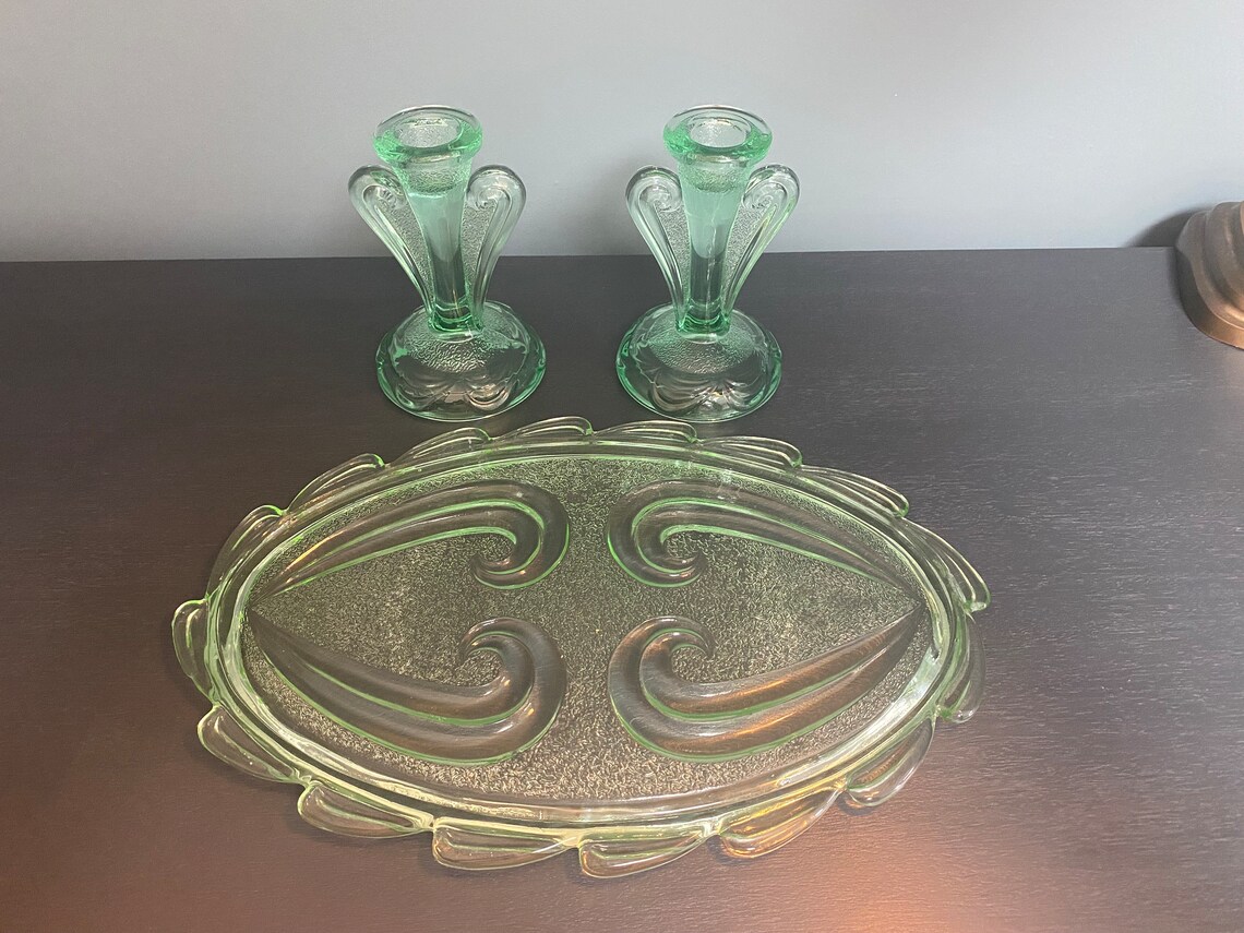 Vintage Green Glass Dressing Table Set Art Deco Glass Vanity - Etsy