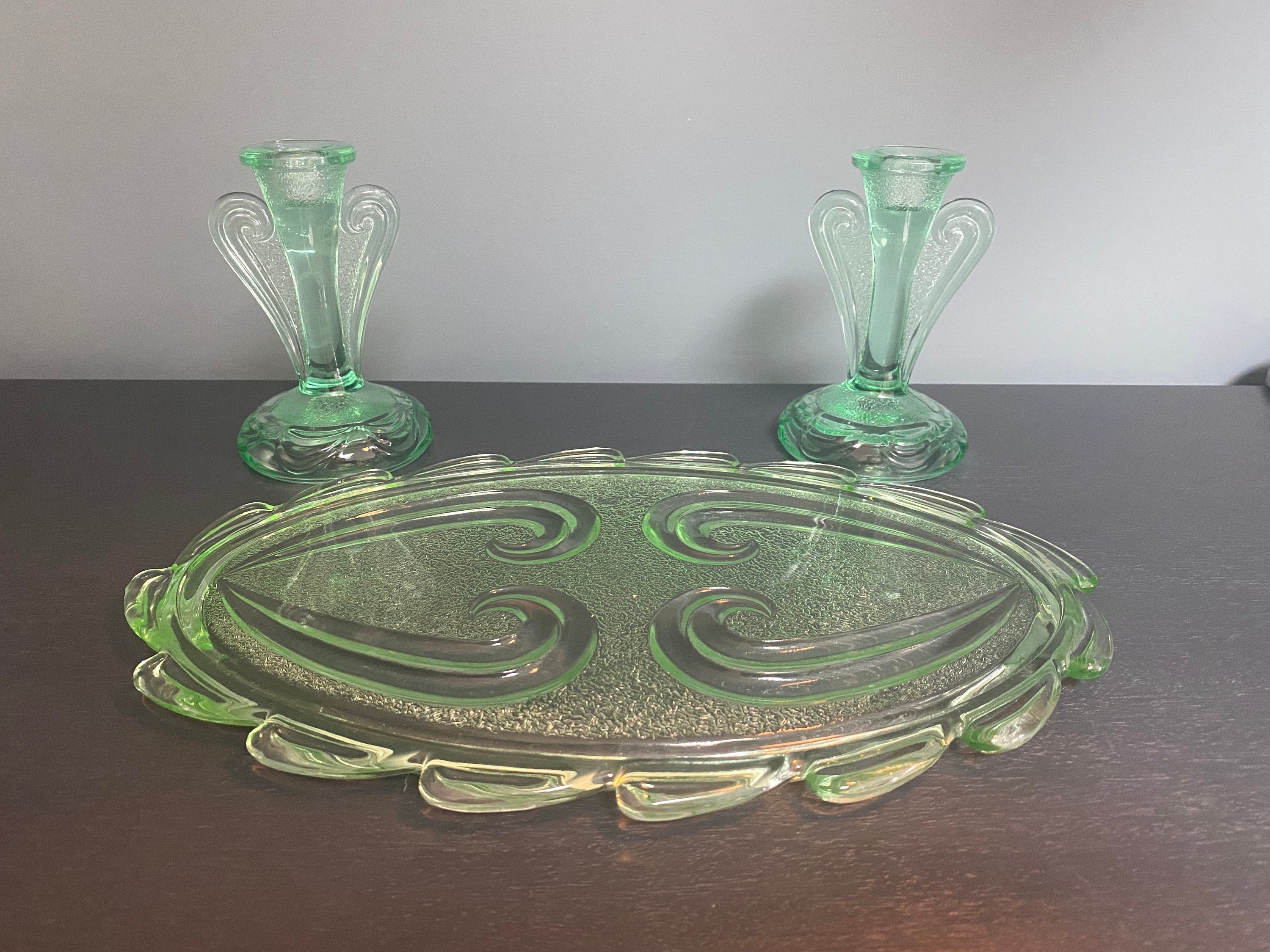 Green glass dressing table set store