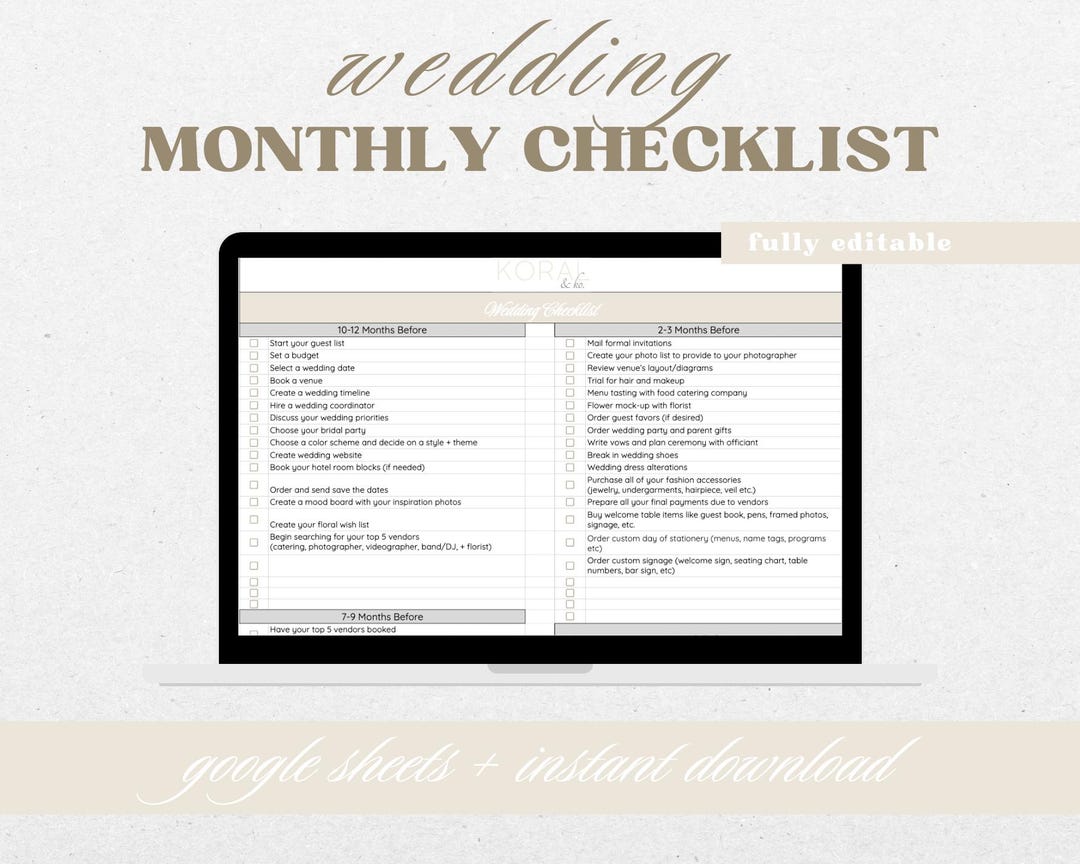 Wedding Checklist Spreadsheet, Wedding Check List, Monthly Wedding Timeline, to Do List, Wedding ...