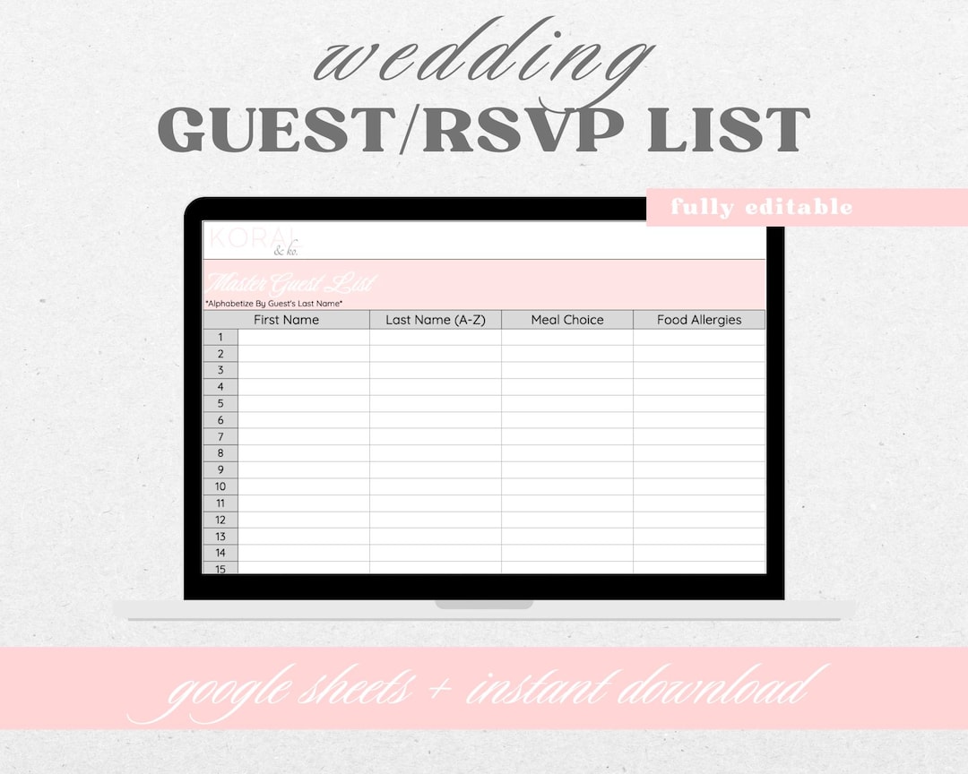Wedding RSVP Spreadsheet, Wedding Guest RSVP List, Wedding Guests, RSVP ...