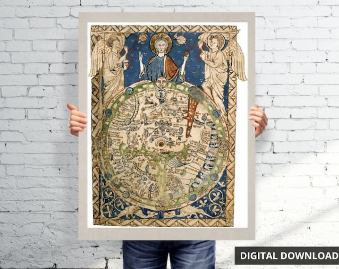 Medieval World Map Psalter Map With a Blessing Christ, Two Angles and ...