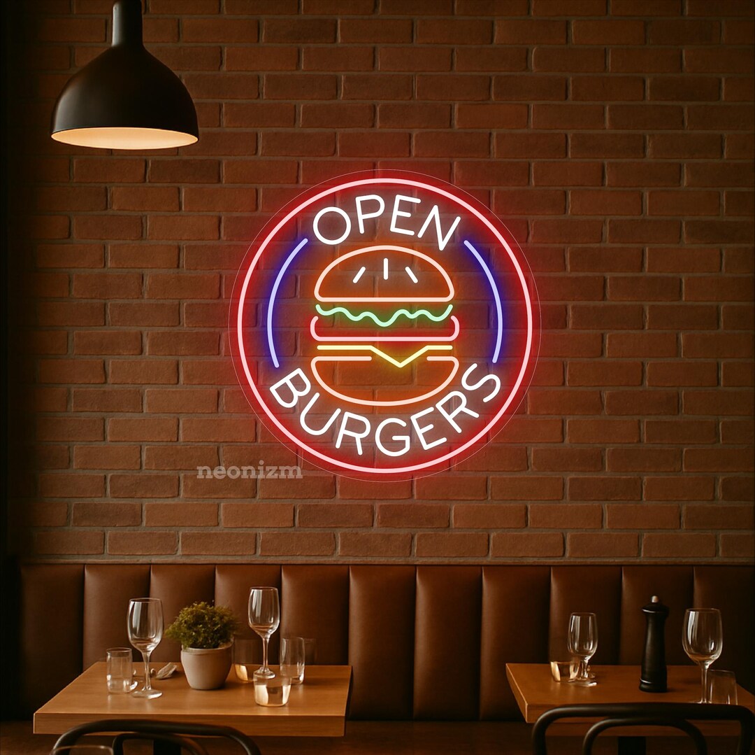 Burger Open Neon Sign - Fast Food LED Sign for Restaurant - Hamburger ...