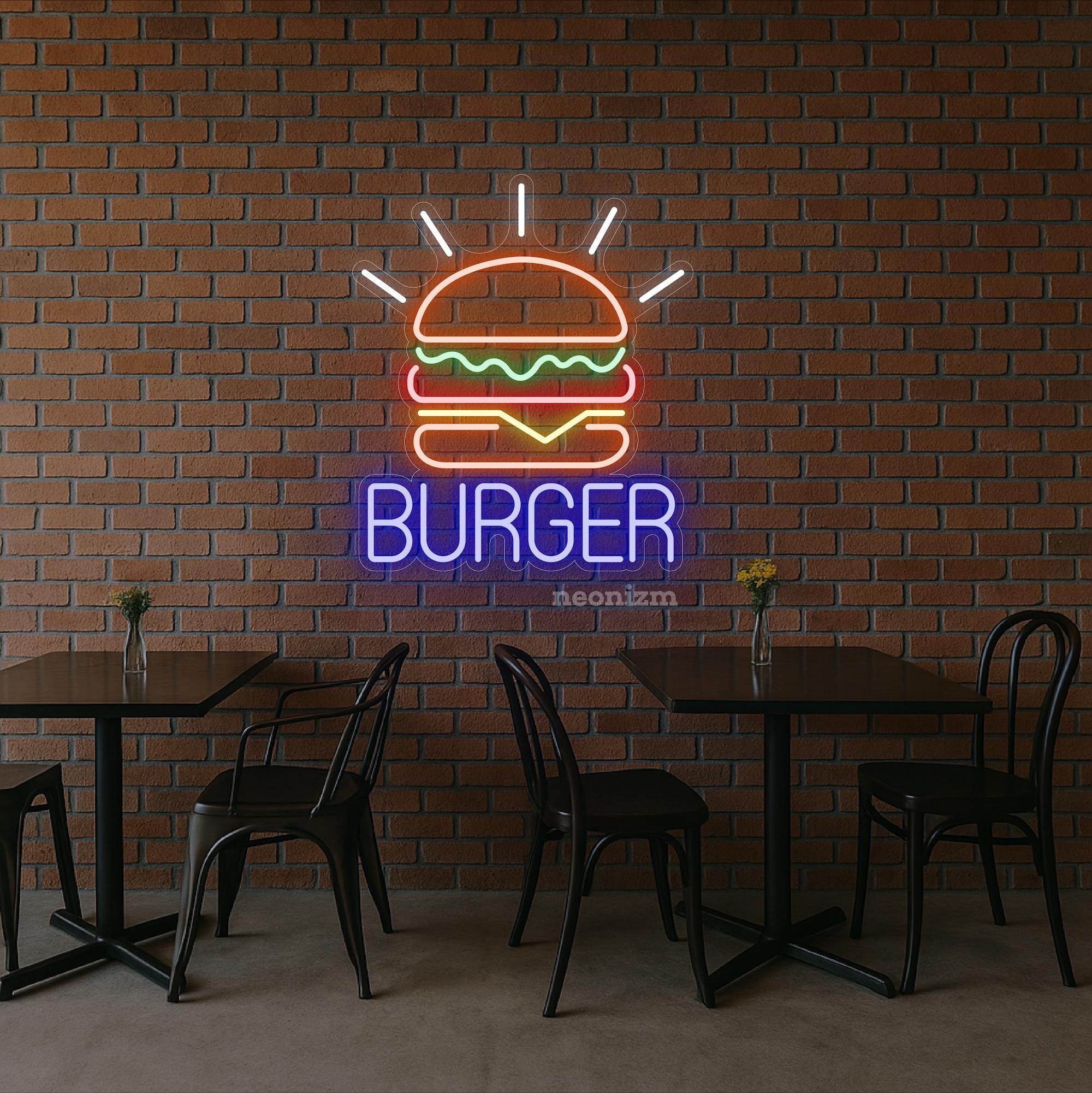 Burger Neon Sign - LED Hamburger Wall Light - Fast Food Neon Sign for ...