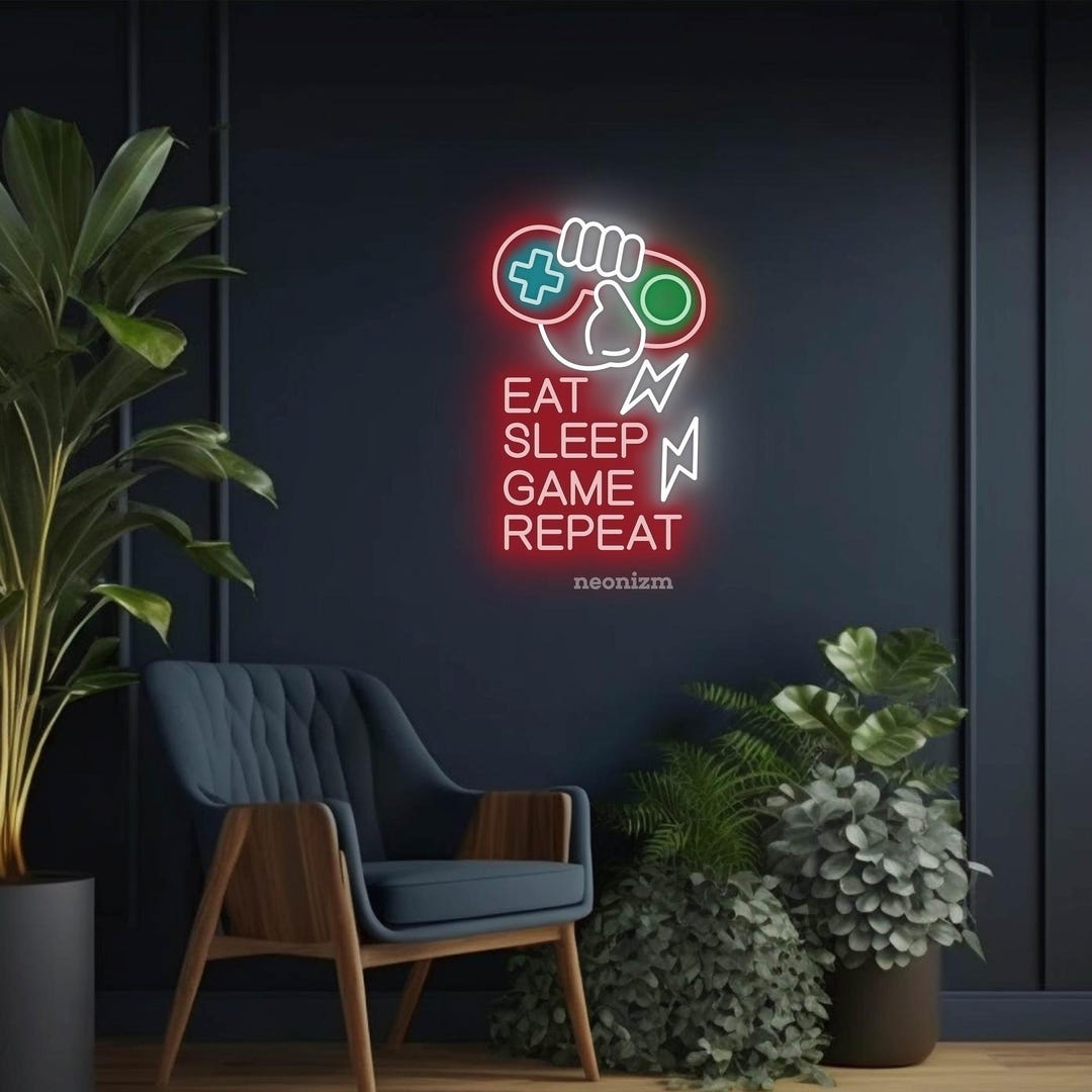 Eat Sleep Game Repeat Neon Sign, Gamer Room LED Light, Gaming Wall ...