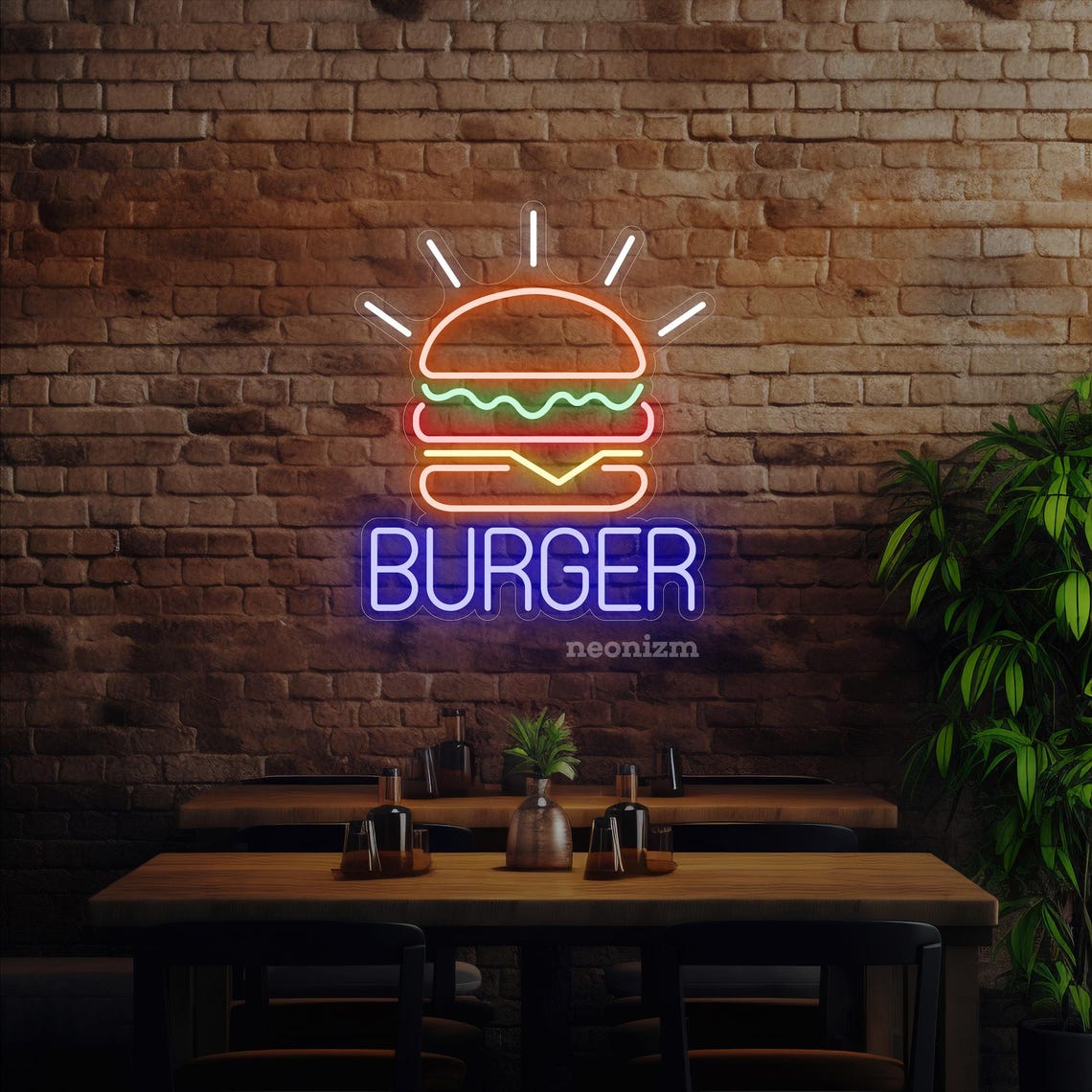Burger Neon Sign - LED Hamburger Wall Light - Fast Food Neon Sign for ...