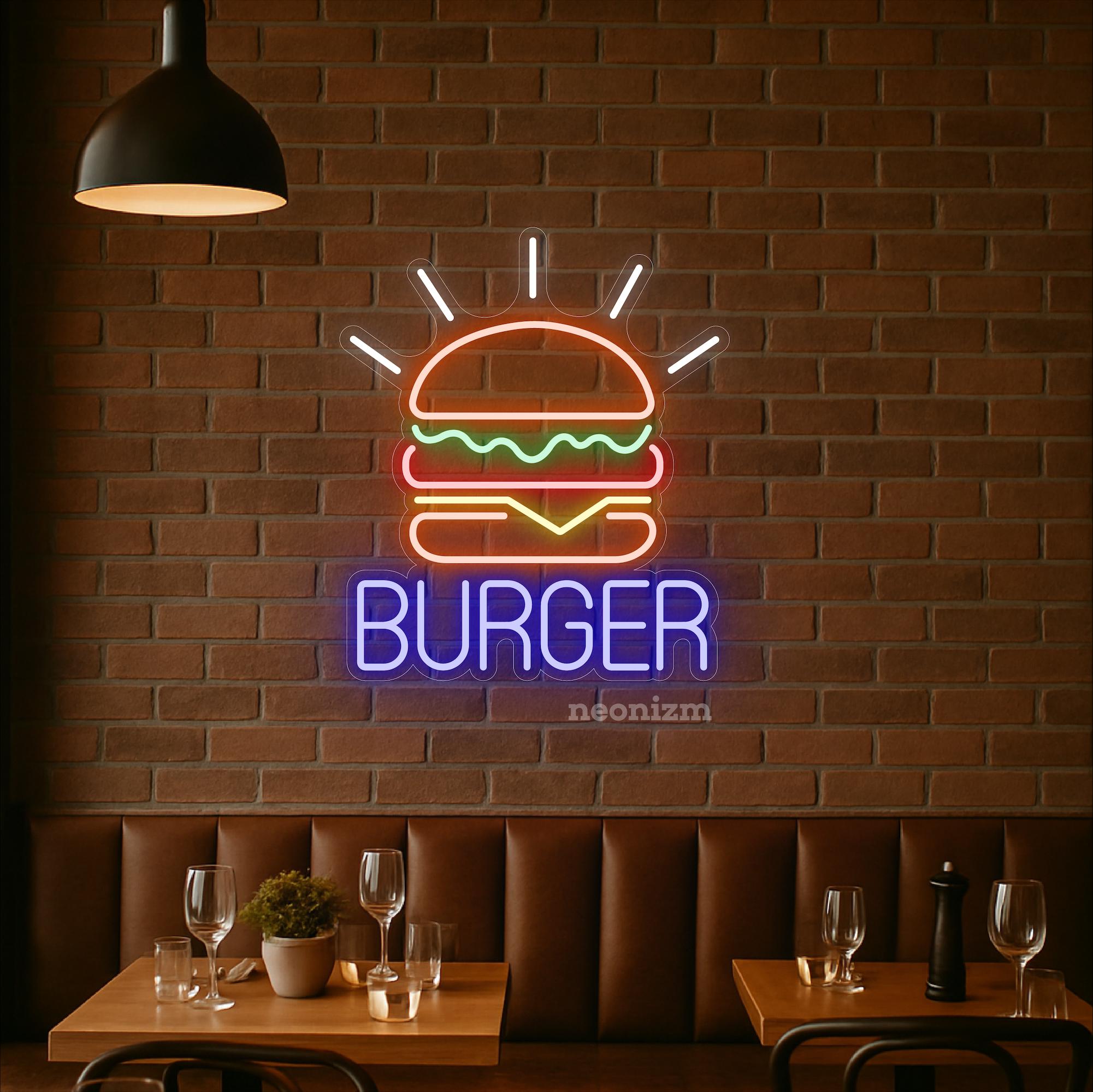 Burger Neon Sign - LED Hamburger Wall Light - Fast Food Neon Sign for ...