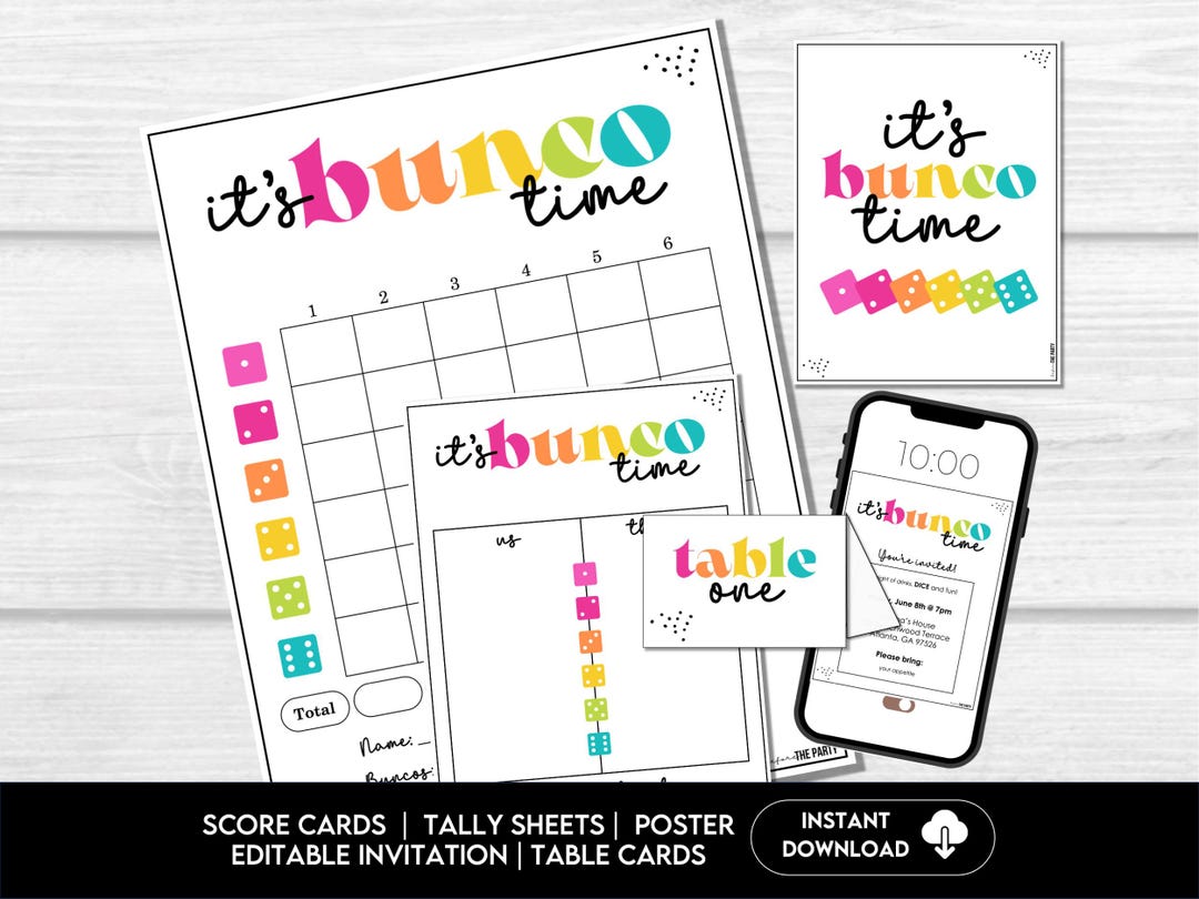 Bunco Game Night Set: Score Cards, Editable Invitation (printable PDF ...