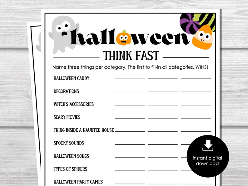 Halloween Think Fast Game: Printable Party Activity (digital Download ...