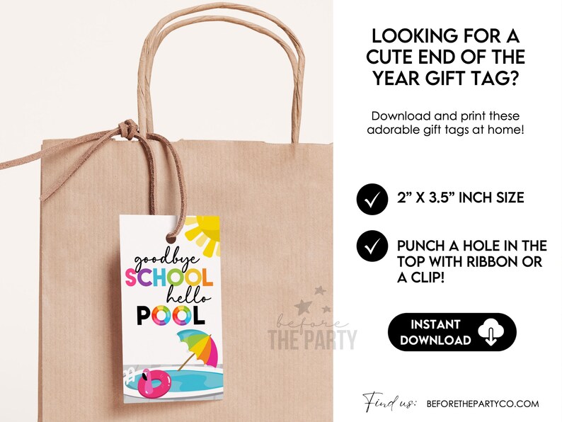 Goodbye School Hello Pool Gift Tags: Printable Summer Party Favor ...