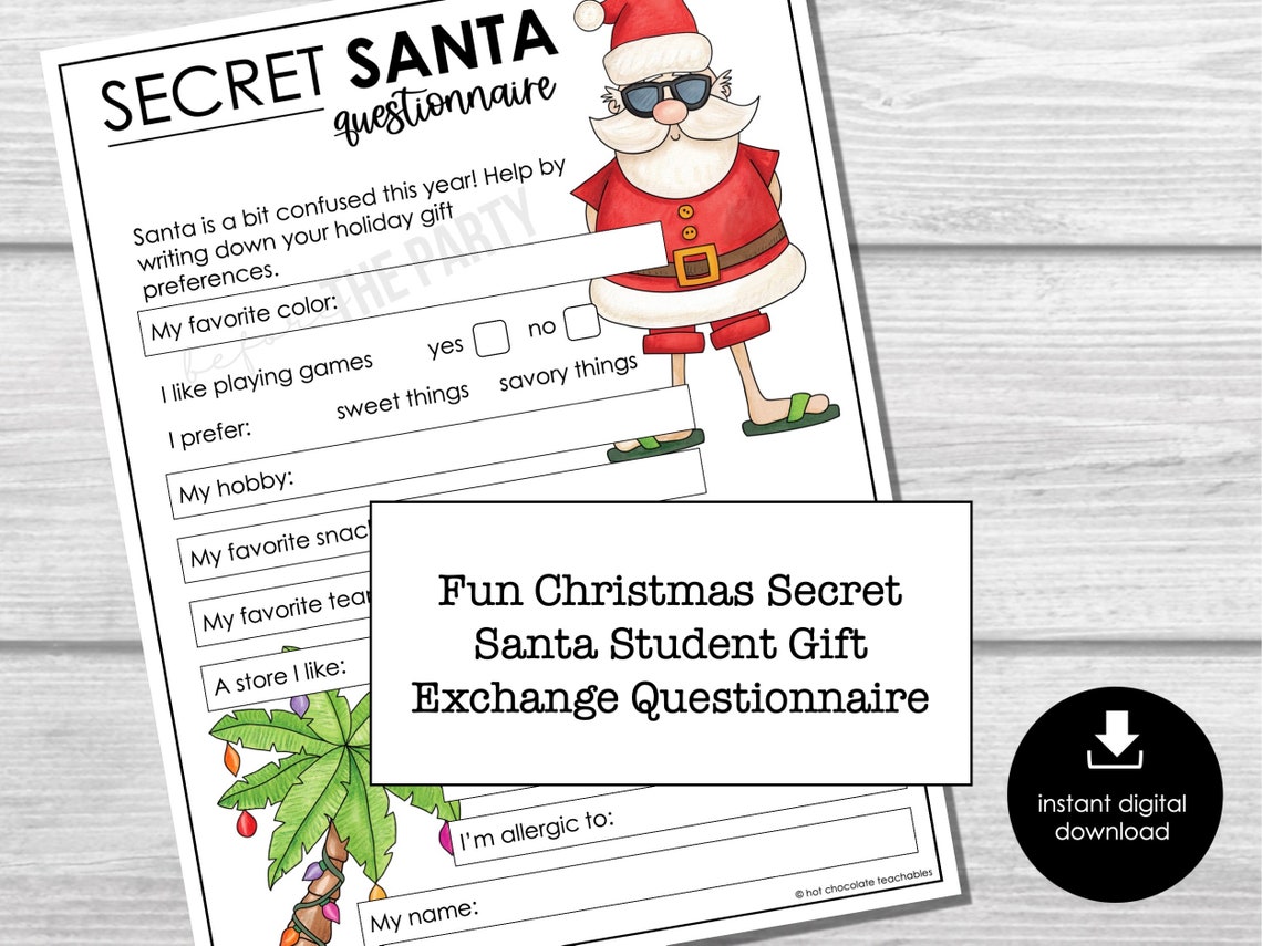 Secret Santa Questionnaire for Kids Student Gift Exchange Form ...