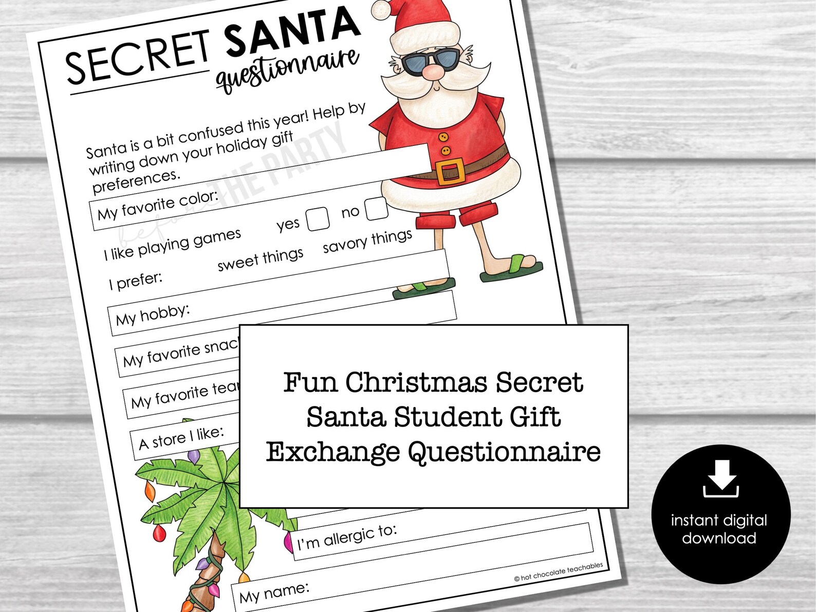 Secret Santa Questionnaire for Kids Student Gift Exchange Form ...