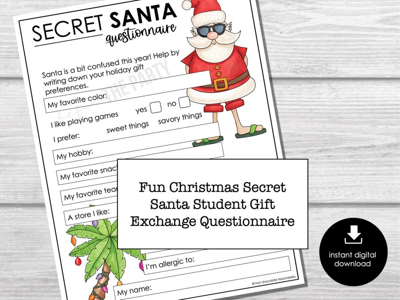 Secret Santa Questionnaire for Kids Student Gift Exchange Form ...