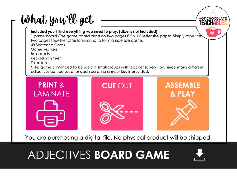 Adjectives Printable Board Game Education Games Grammar - Etsy