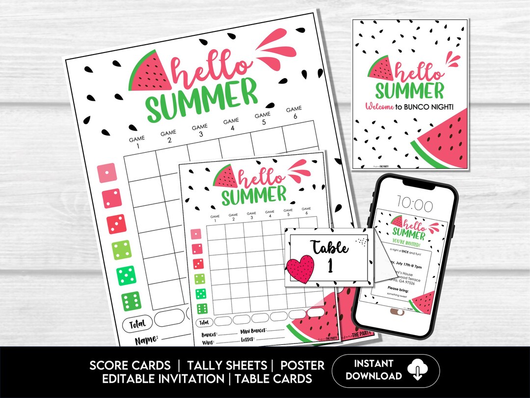 Watermelon Bunco Party Bundle Printable, Score Cards & Editable ...