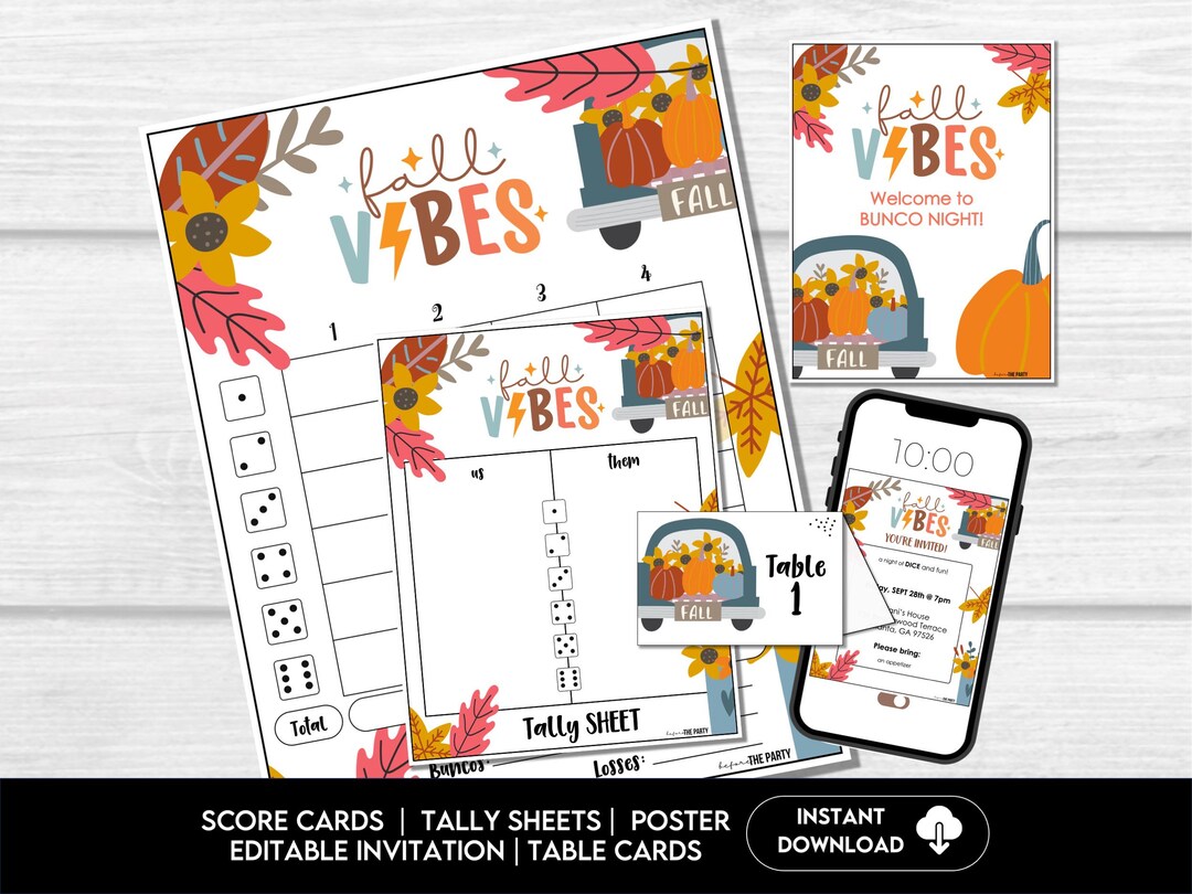 Fall Vibes Bunco Party Bundle Printable, Score Cards & Invitation ...