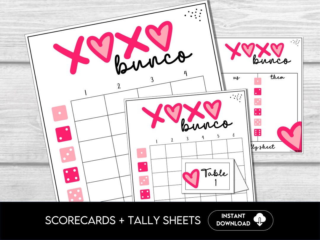 Valentine’s Day Bunco Score Sheets Printable, XOXO Theme Party Game ...