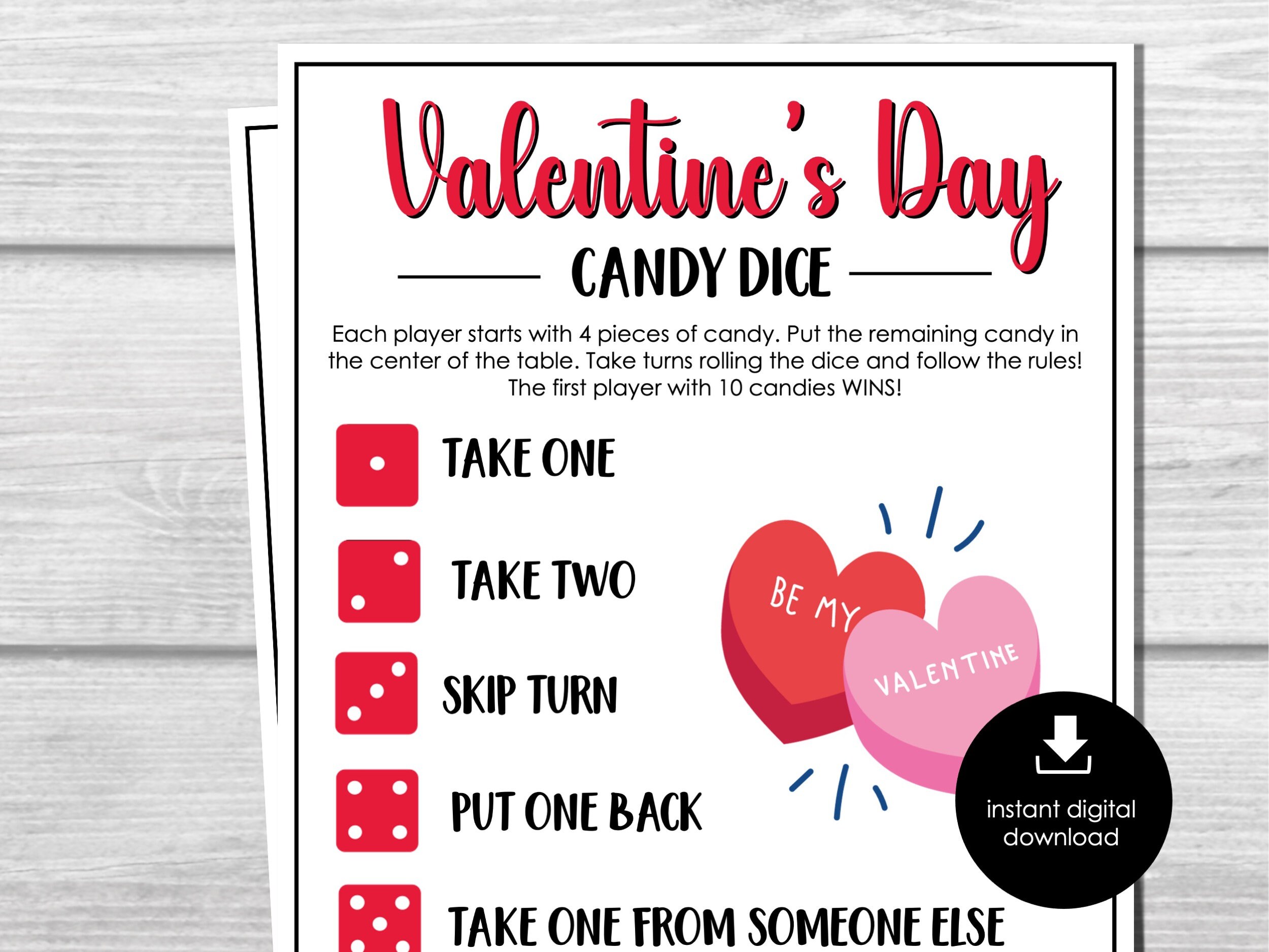 Valentine's Day Candy Dice Game, Valentine Party Game for Kids, Easy ...