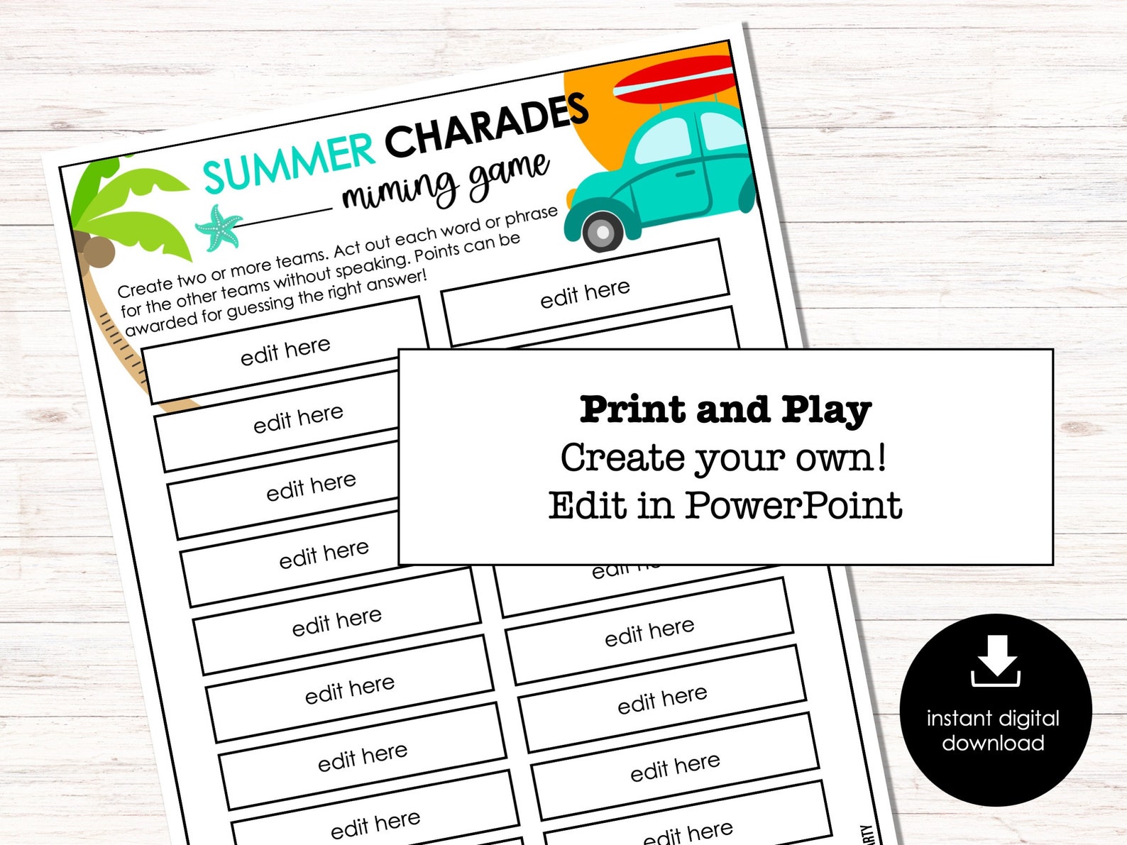 Summer Charades Party Game for Kids, Action Charades, Miming Game ...