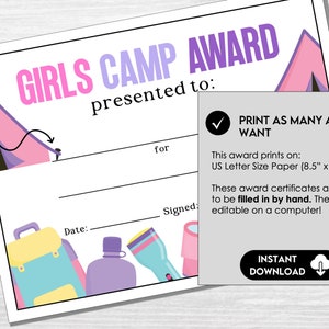 Girls Camp Awards, Summer Camp Certificate for Kids, Printable ...