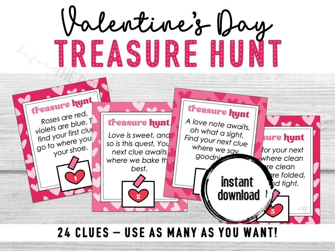 Valentines Day Scavenger Hunt for Kids | Valentines Treasure Hunt Clues ...